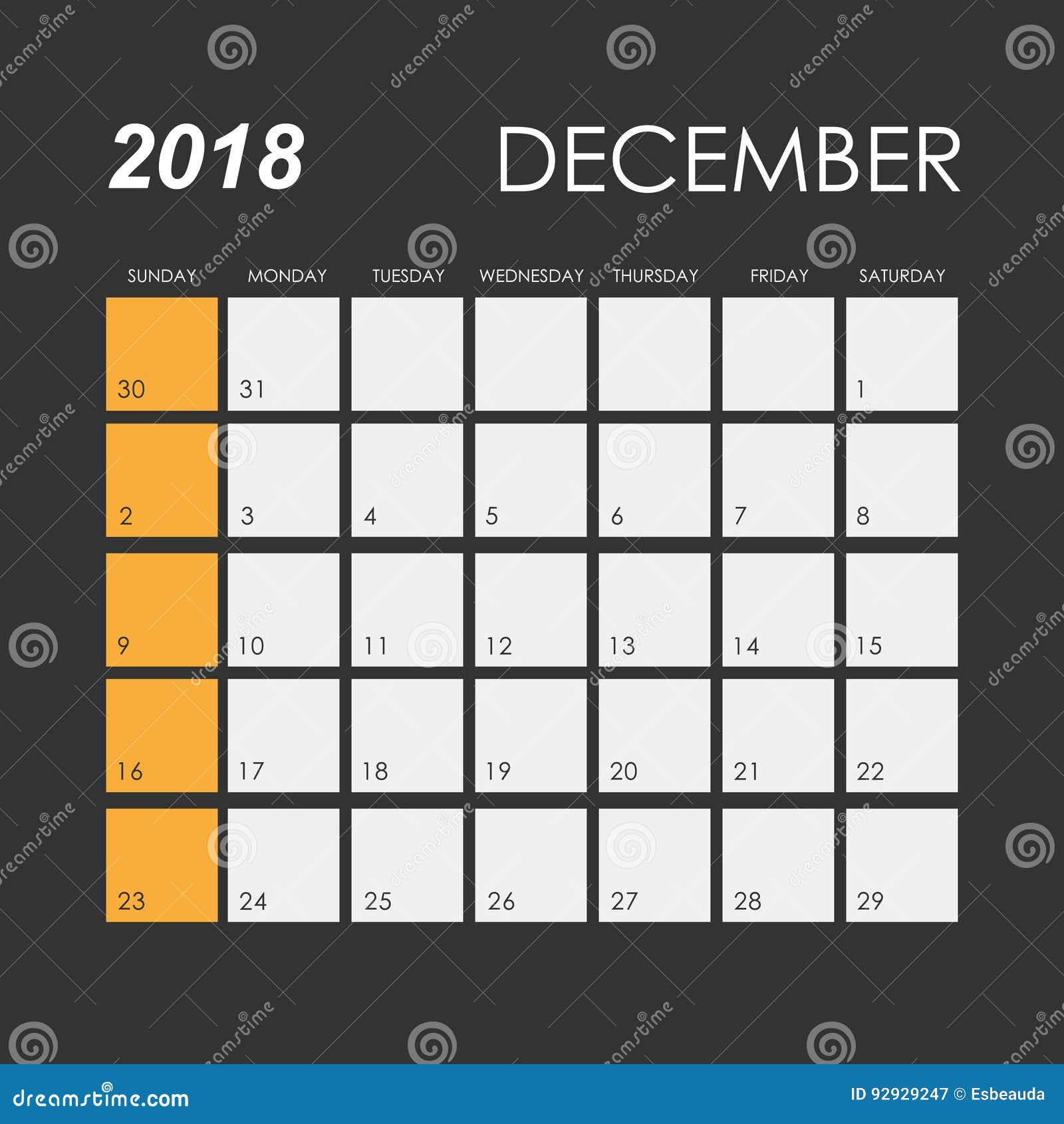 Calendar for December 2018 stock vector. Illustration of calendar ...