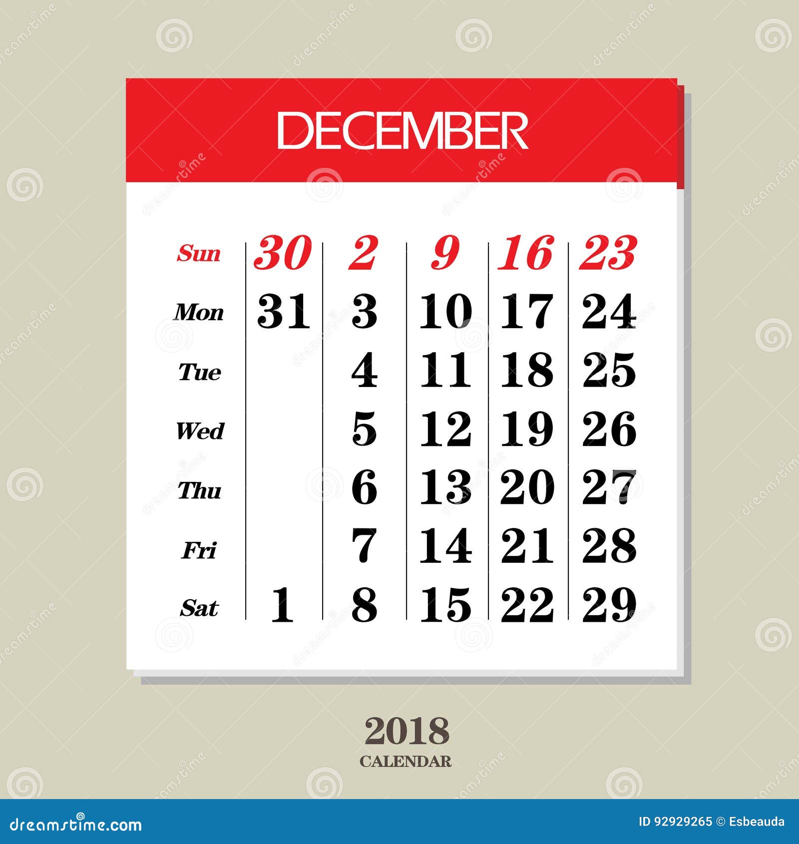 Calendar for December 2018 stock vector. Illustration of number - 92929265