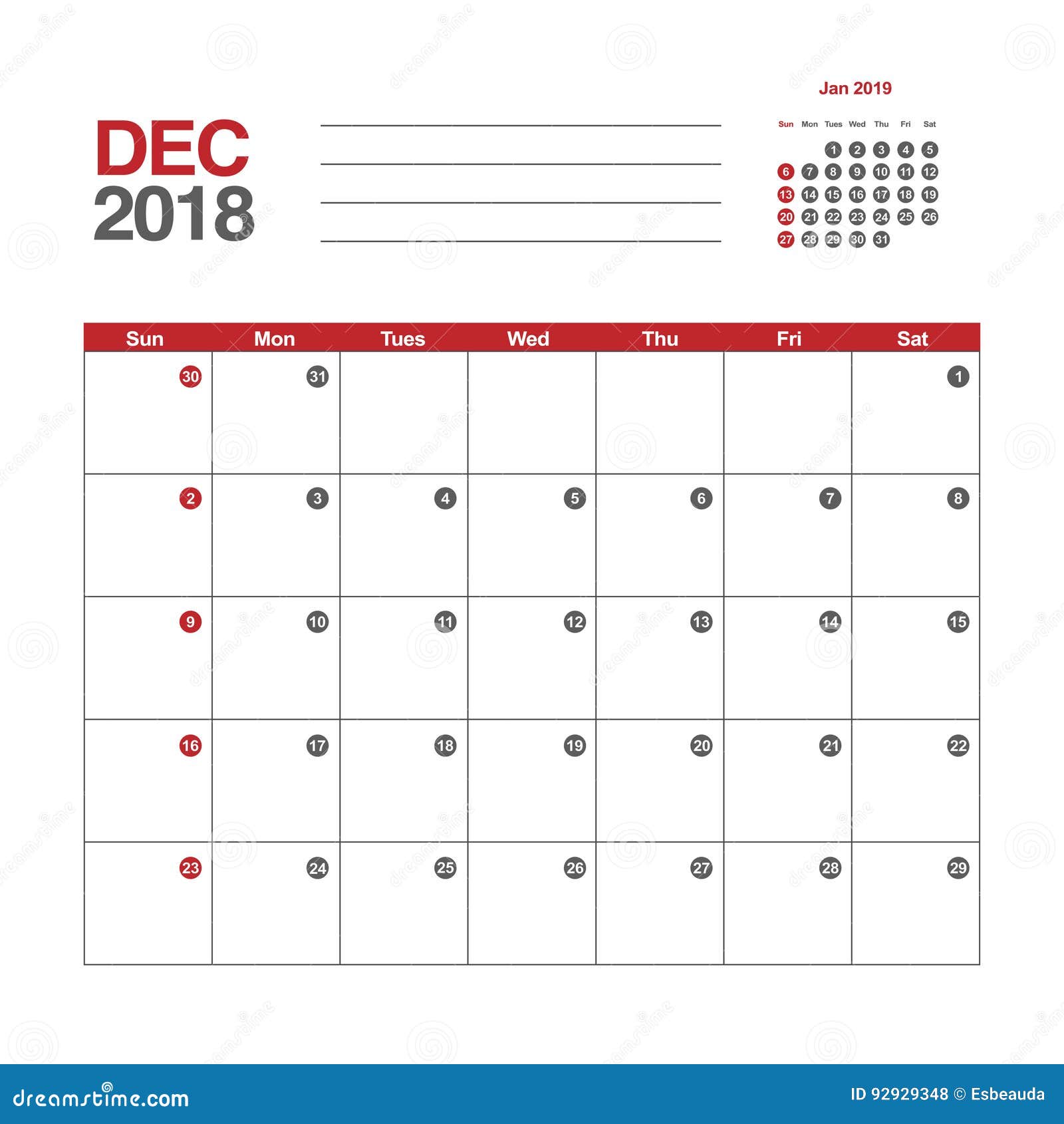 Calendar for December 2018 stock vector. Illustration of abstract ...