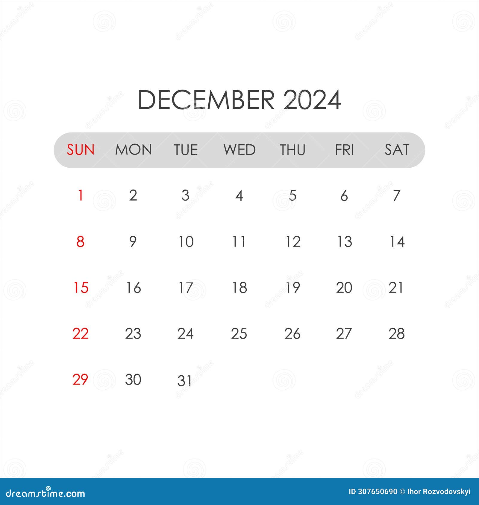 Calendar for December 2024. the Week Starts on Sunday. Stock ...