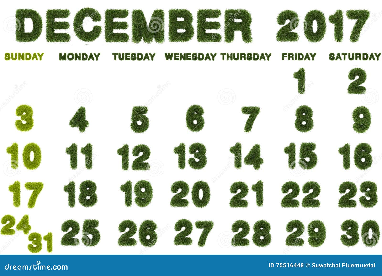 Calendar for December 2017 on White Background Stock Photo - Image of ...