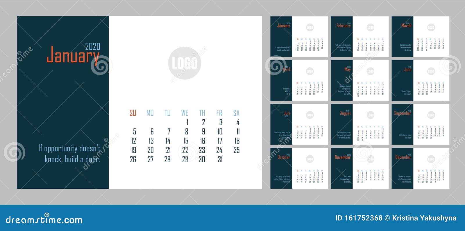 Calendar Design for 2020 in Minimal Simple Style. Set of 12 Calendar ...