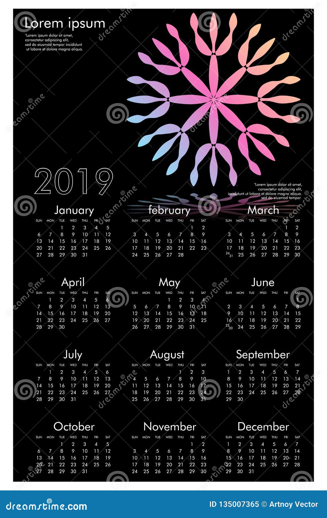 Calendar Design for 2019. Simple , Black Background, Set of 12 Calendar ...