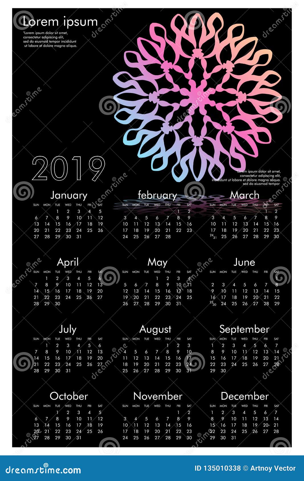 Calendar Design for 2019. Simple , Black Background, Set of 12 Calendar ...