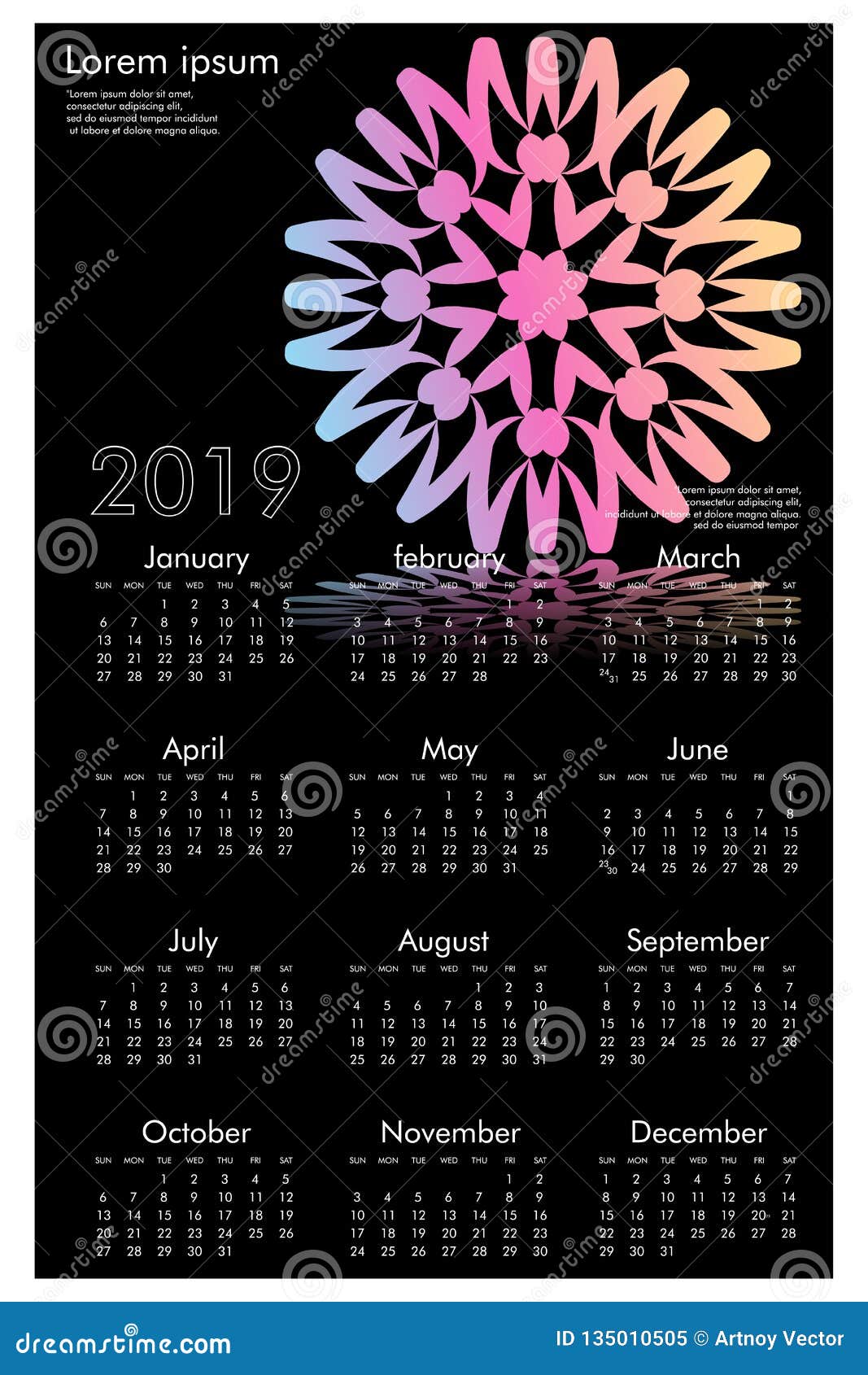 Calendar Design for 2019. Simple , Black Background, Set of 12 Calendar ...