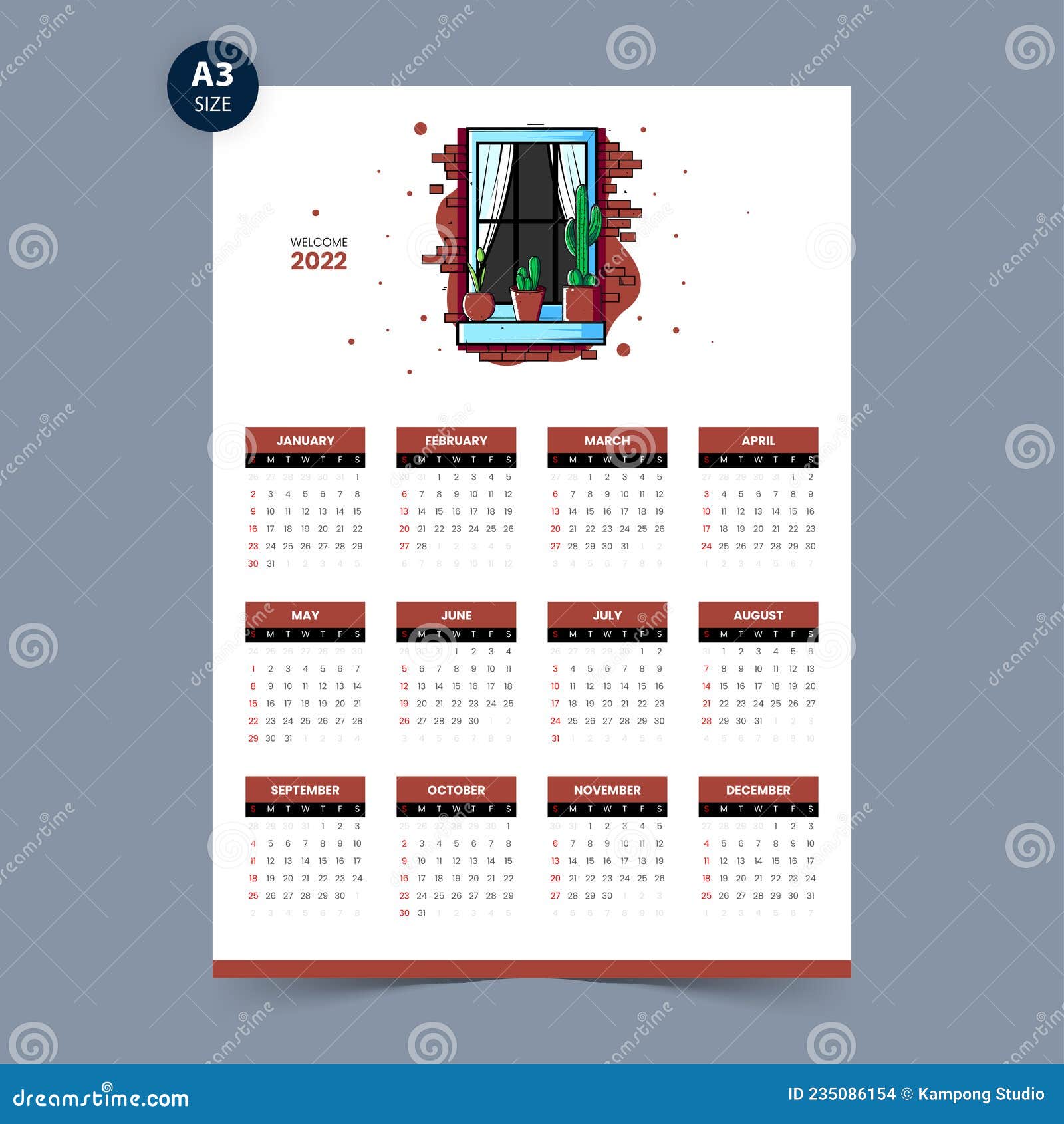 Calendar 2022 Design Template with Window Illustration Stock Vector ...