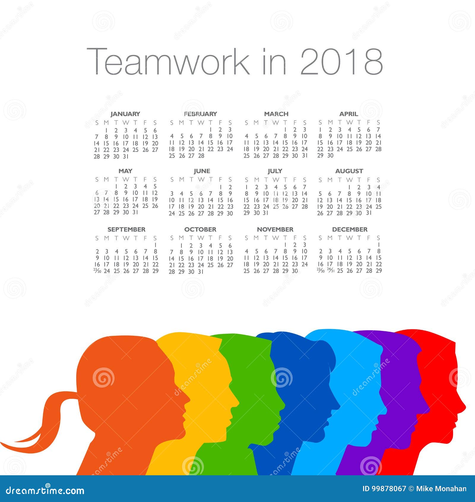 2018 Calendar with a Diverse Group of People Stock Vector ...