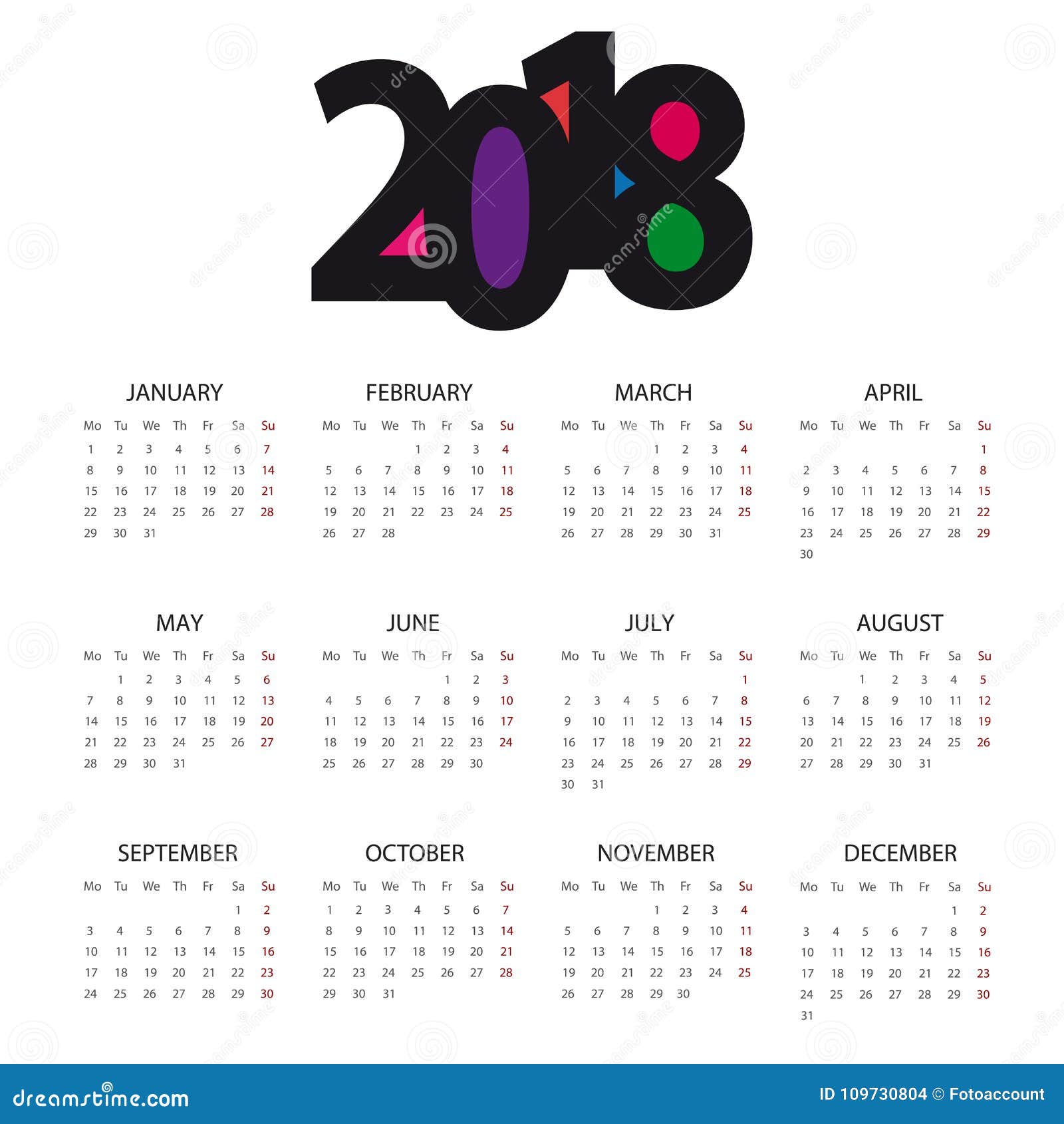 Calendar 2018 - Editable Vector Stock Vector - Illustration of october ...