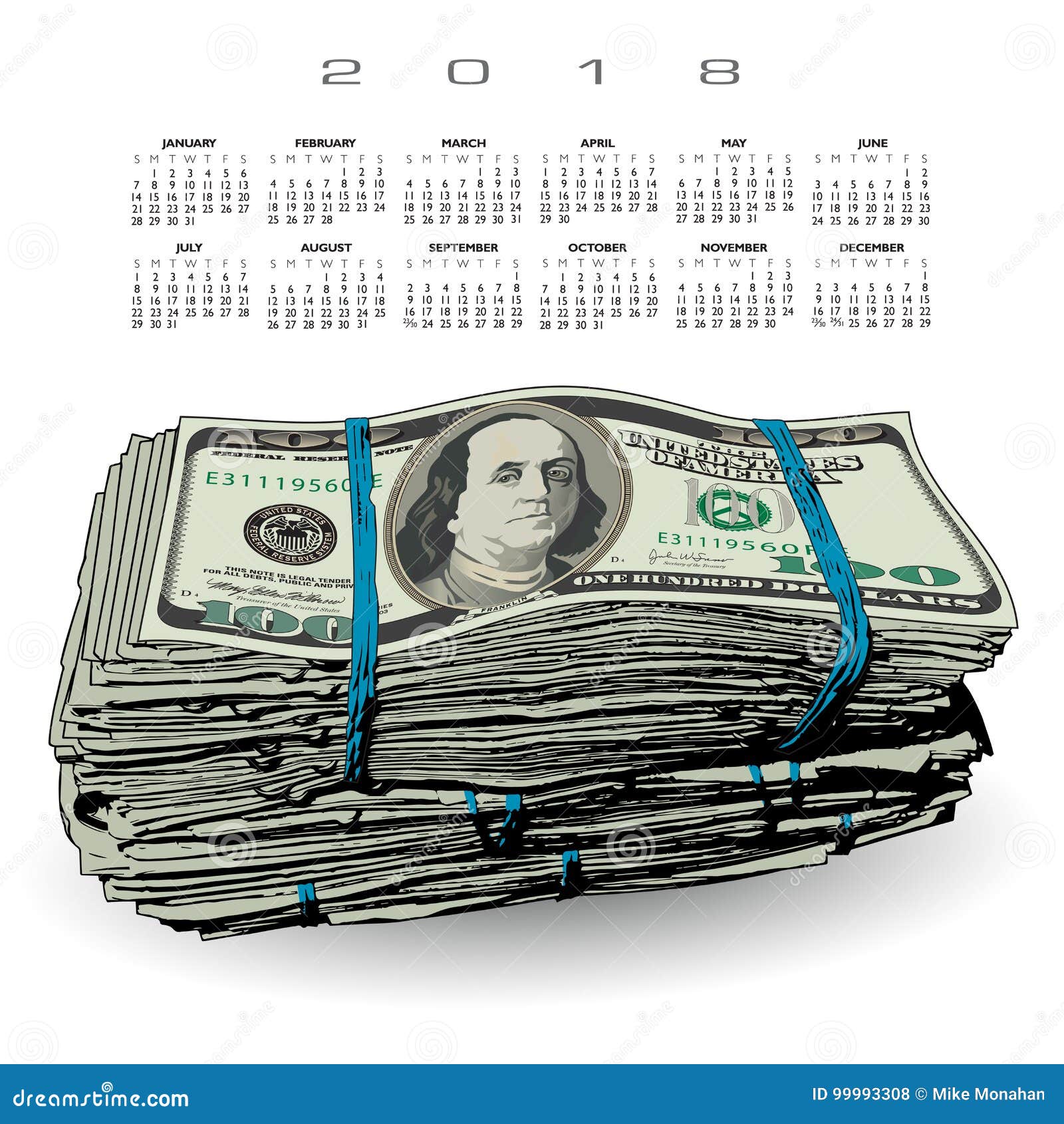 2018 Calendar with a Fat Stack of 100 Dollar Bills Stock Vector ...