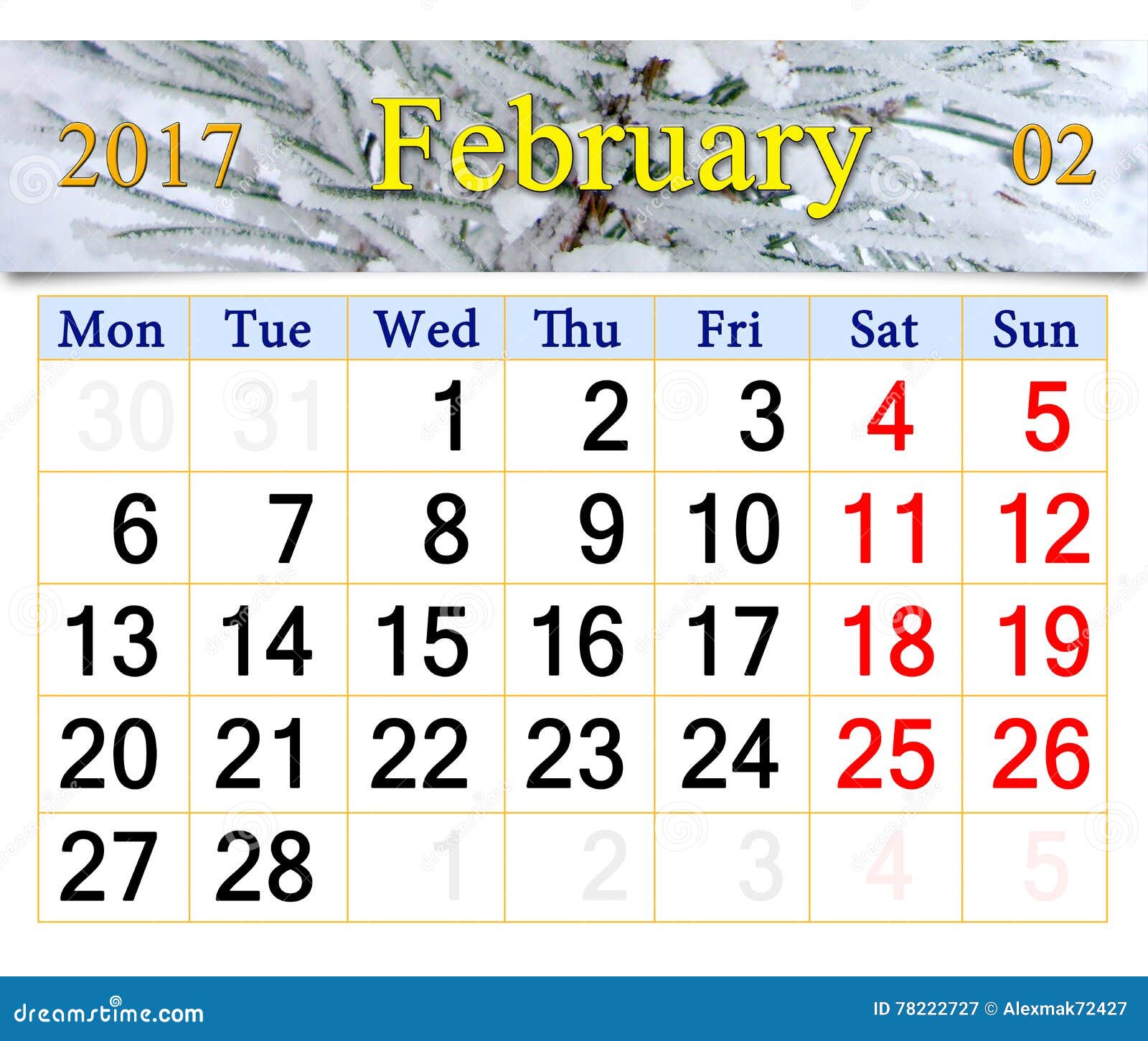 Calendar for February 2017 with Snowy Pine Branches Stock Image - Image ...