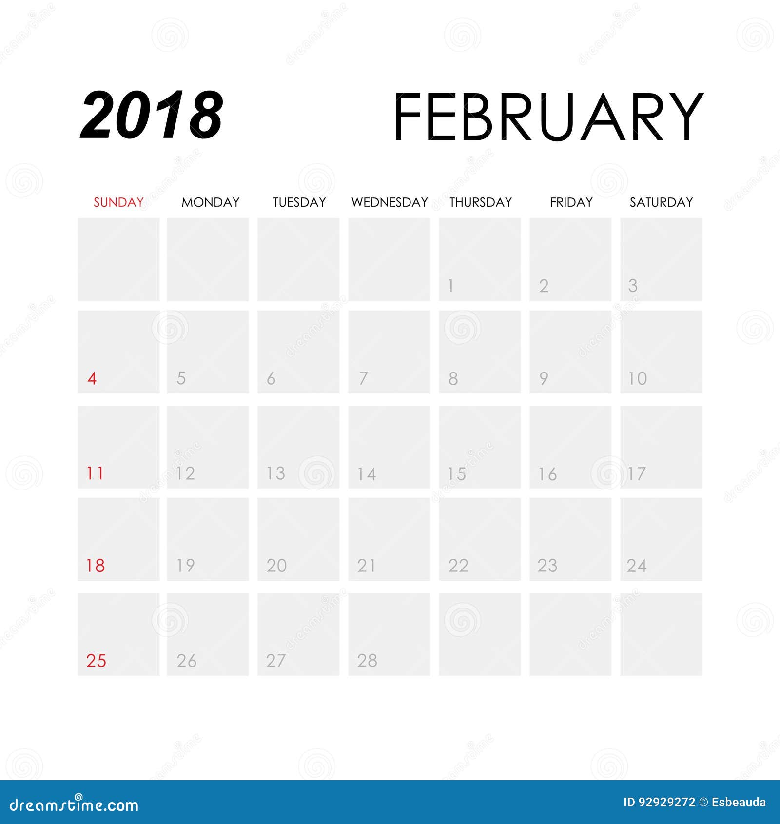 Calendar for February 2018 stock vector. Illustration of abstract ...