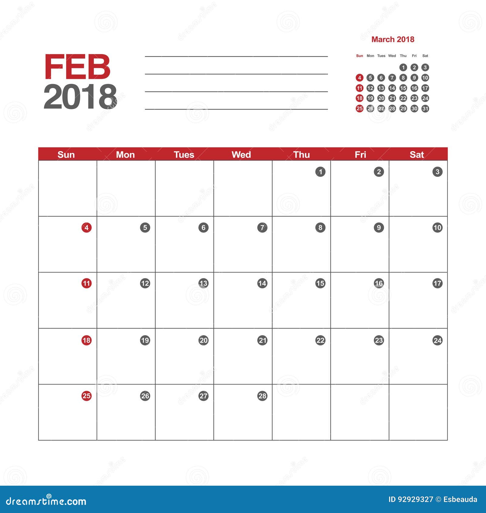Calendar for February 2018 stock vector. Illustration of design - 92929327