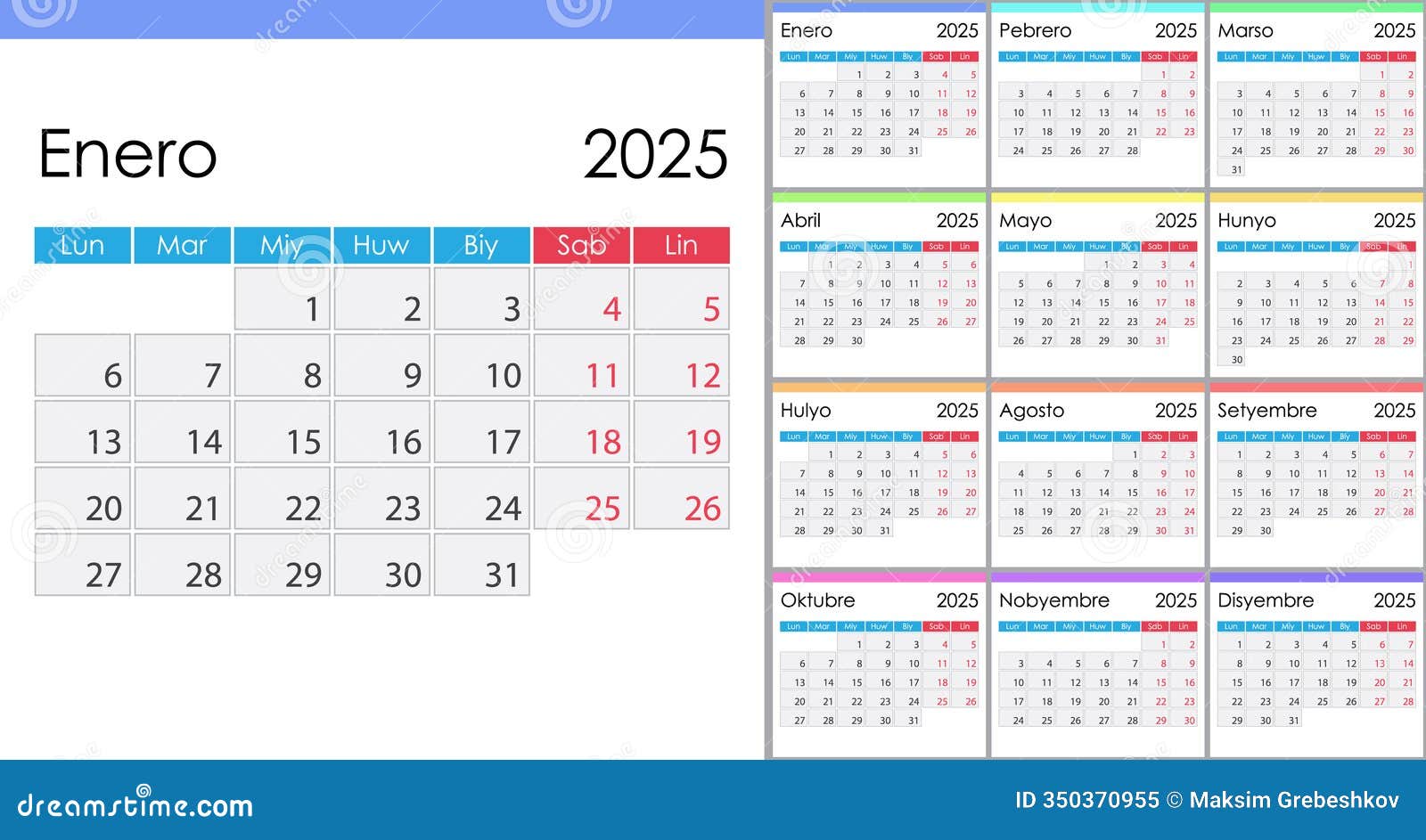 Calendar 2025 on Filipino Language, Week Start on Monday Stock ...