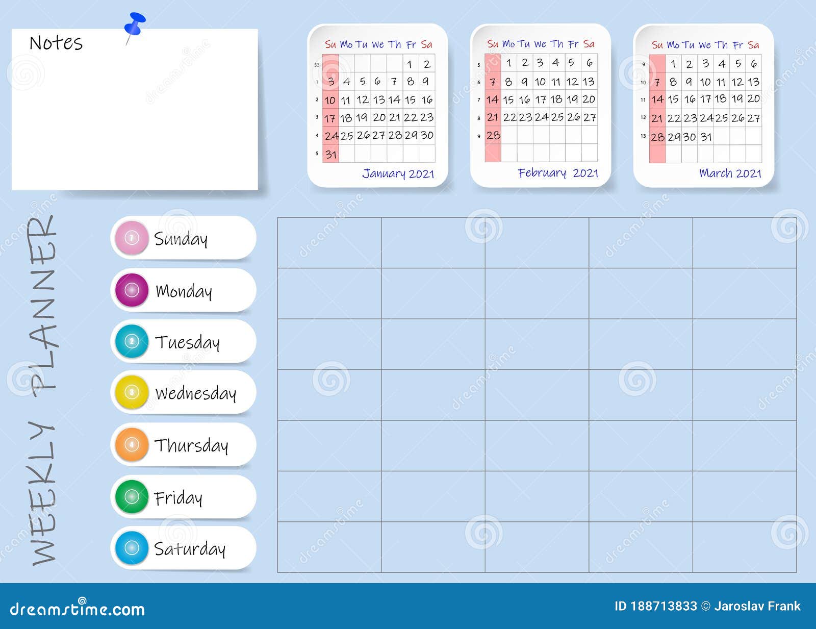 Calendar of First Quarter of 2021 Year with Weekly Planner Table Stock ...