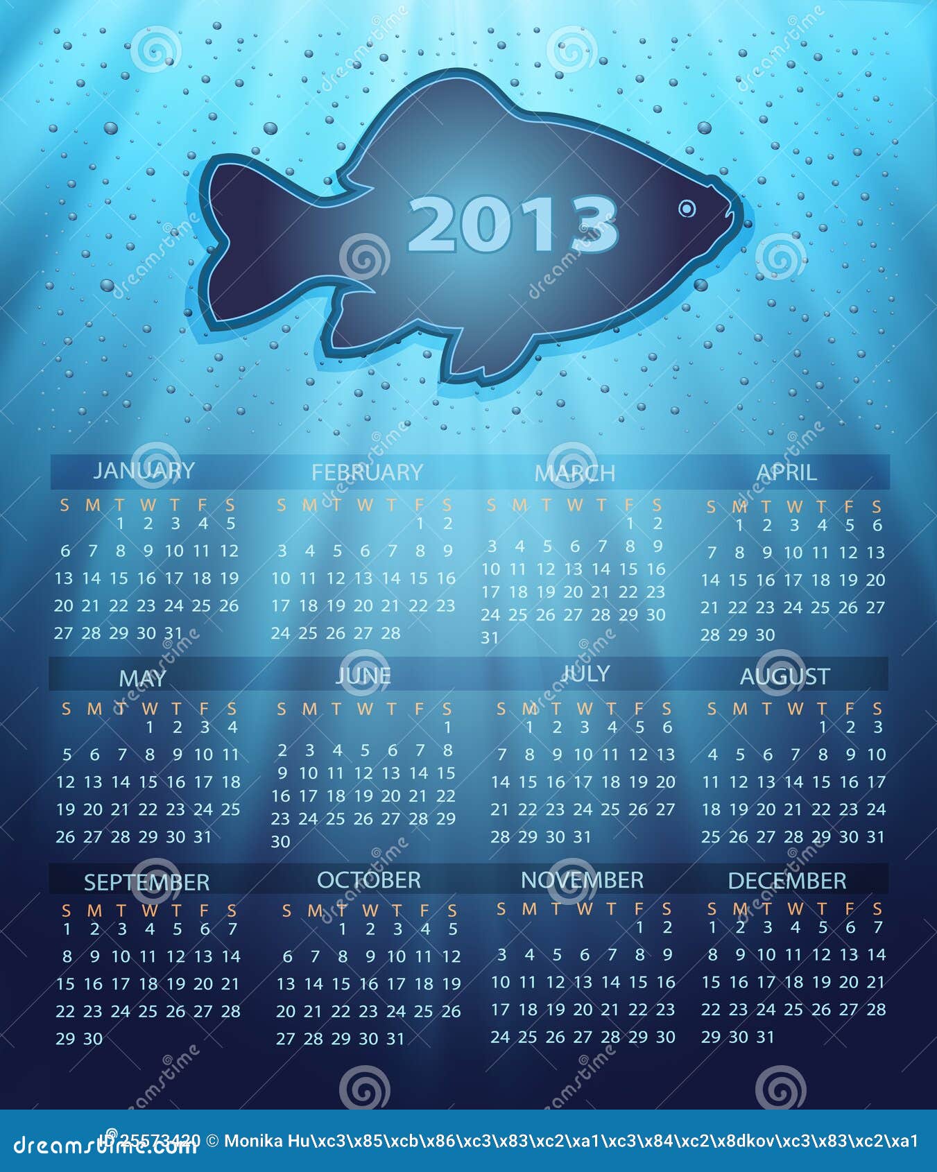 Calendar Fish Water Blue Background Drops Stock Vector - Illustration ...