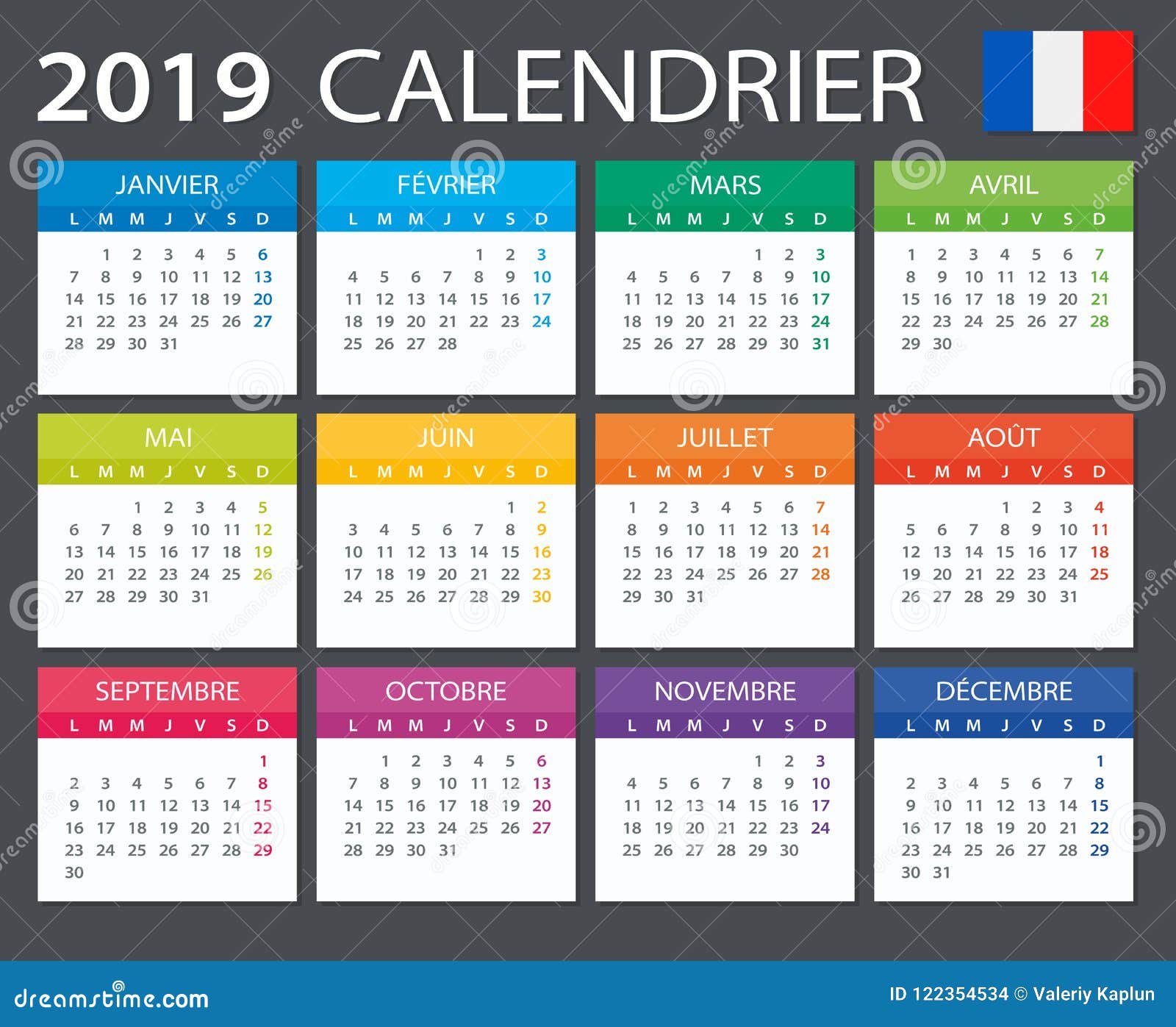 Calendar 2019 - French Version Stock Illustration - Illustration of ...