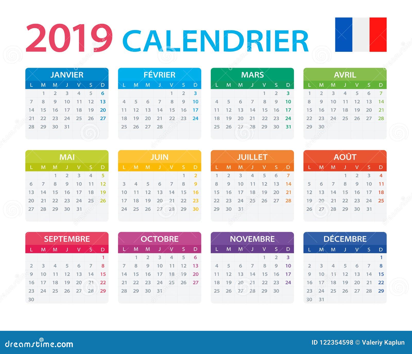 Calendar 2019 - French Version Stock Illustration - Illustration of ...