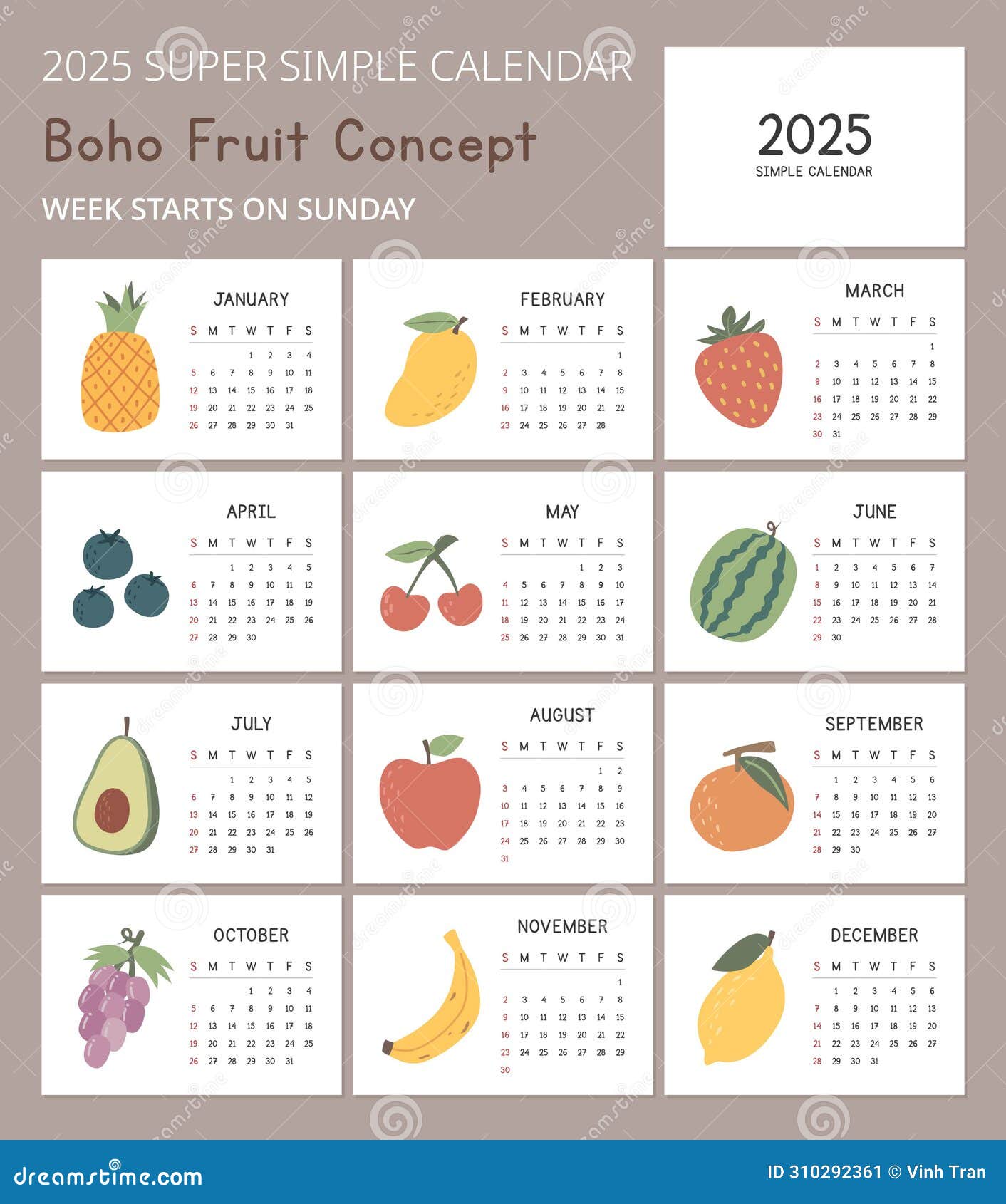 Simple 2025 Calendar Template with Cute Fruits Concept Illustrations ...