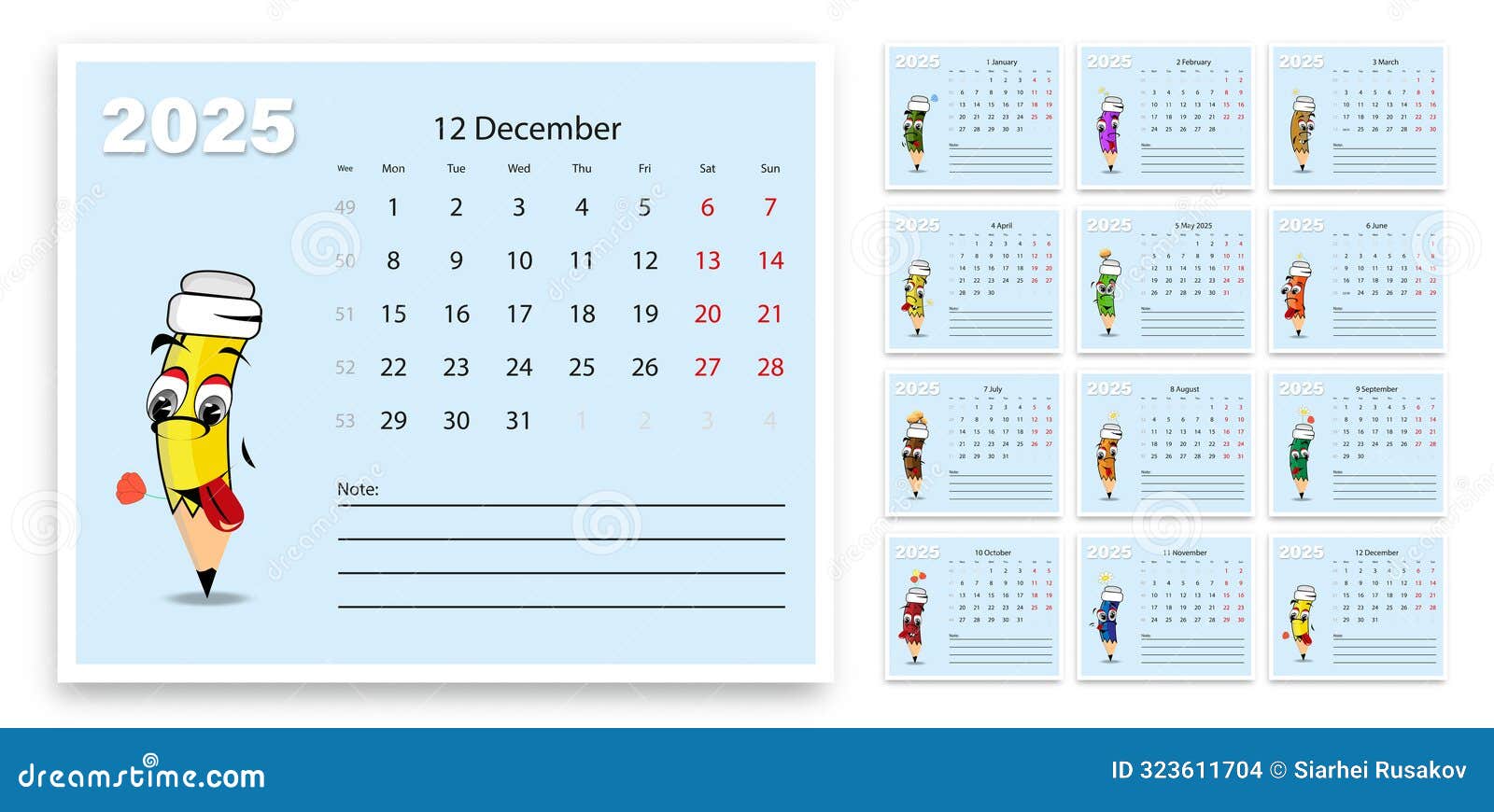 A Calendar with Funny Cartoon Characters of Humanized Pencils. Vector ...
