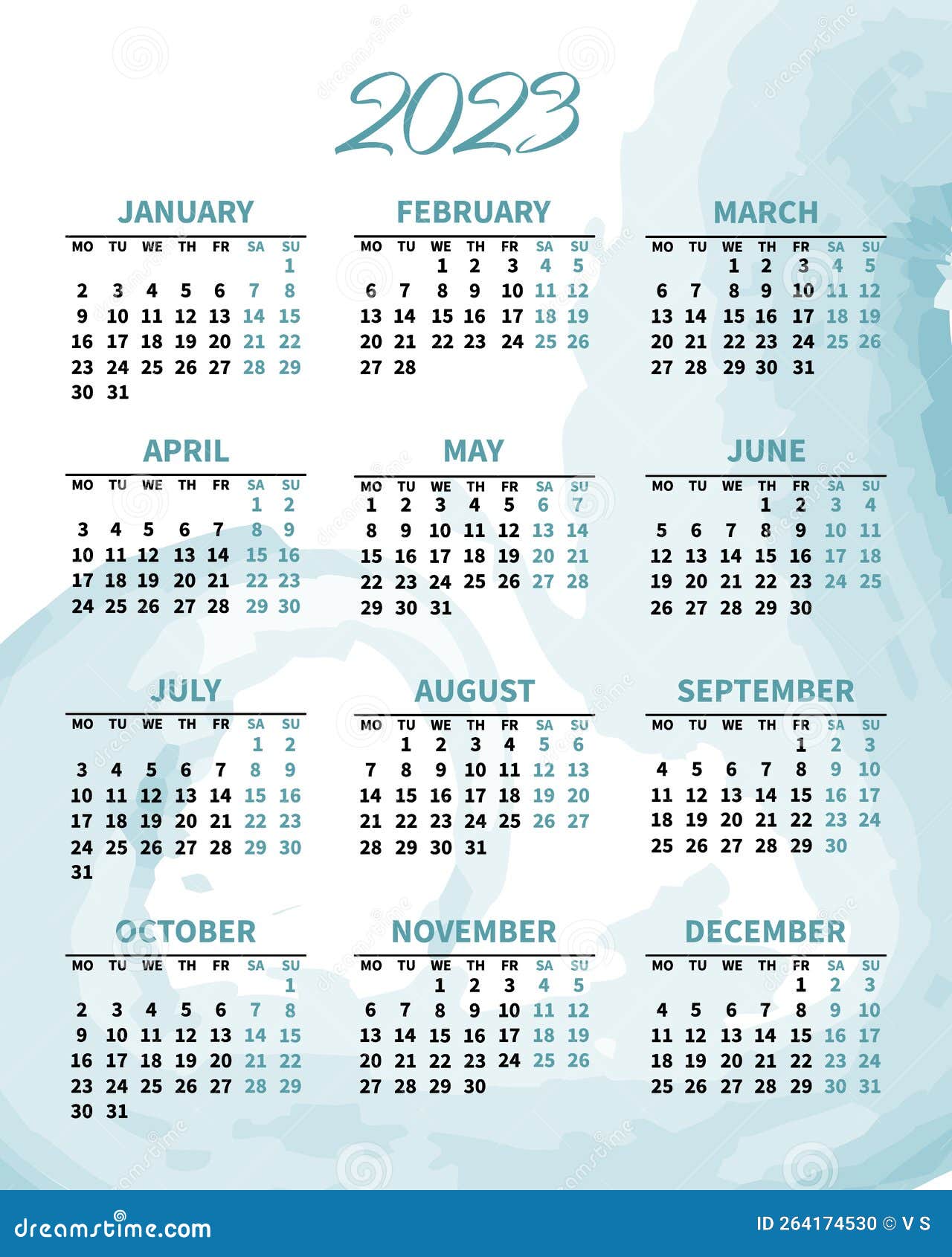 Calendar for 2023 on a Gentle Blue Watercolor Background. Vertical ...