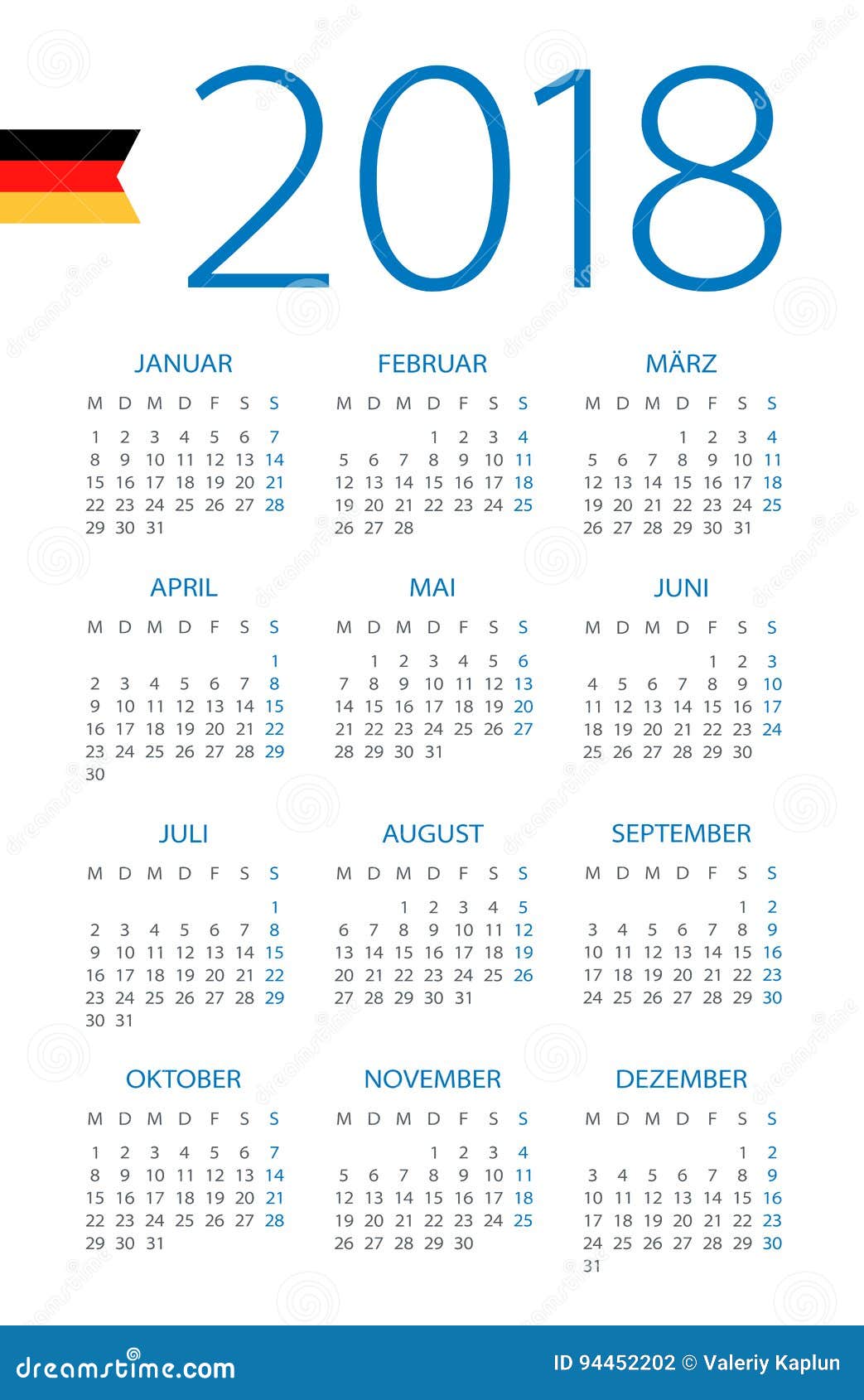 Calendar 2018 - German Version Stock Illustration - Illustration of ...