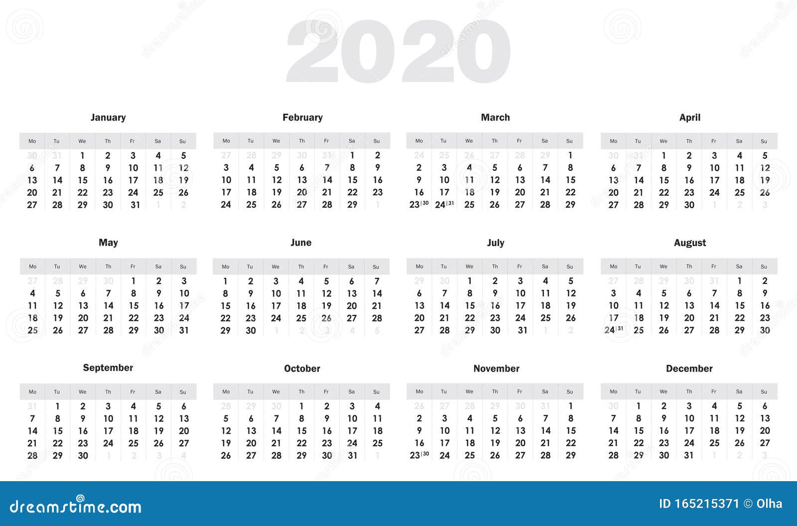 Calendar grid for 2020 stock vector. Illustration of diary - 165215371