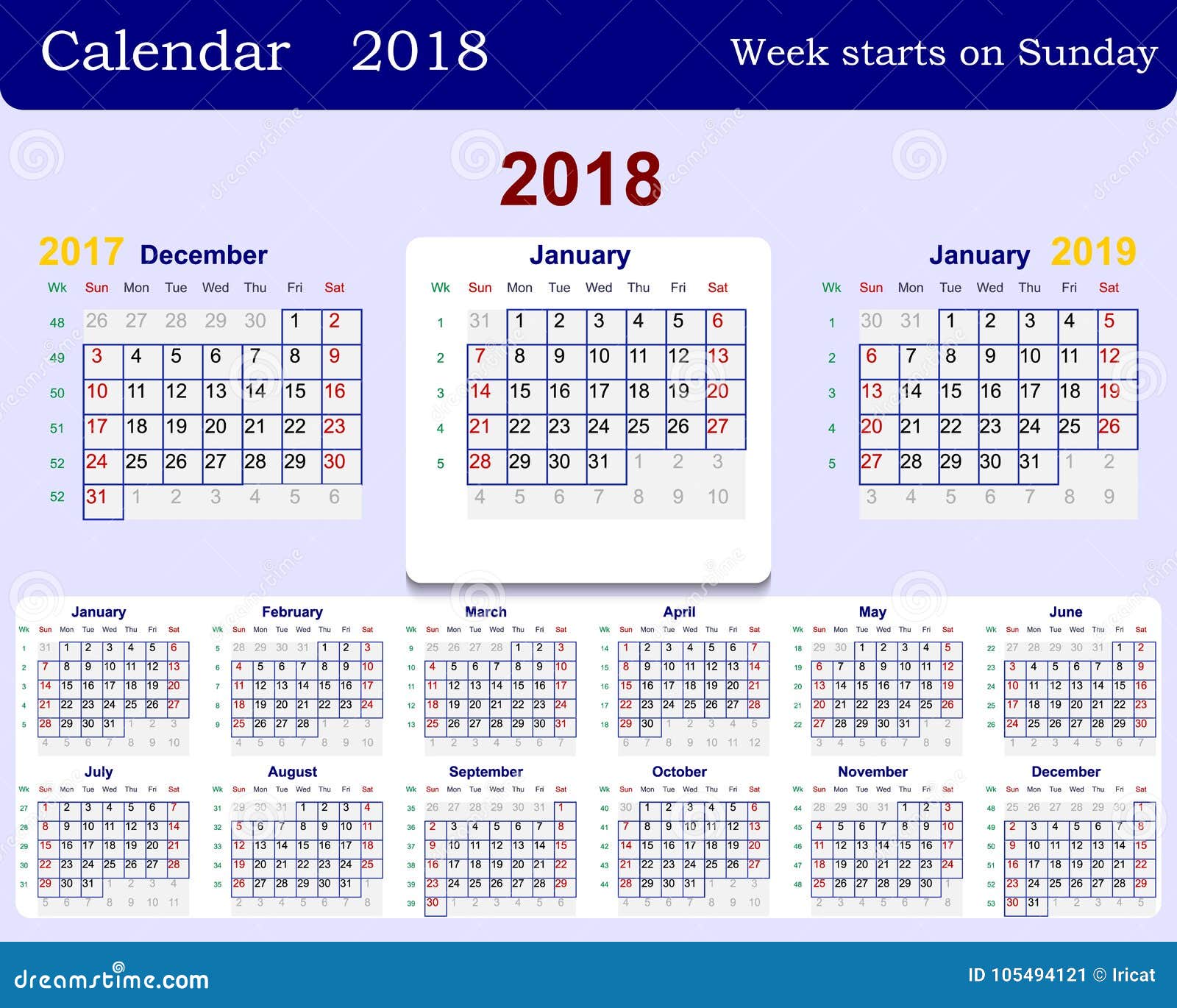 Calendar Grid for 2018 Week Starts from Sunday and from December of the ...