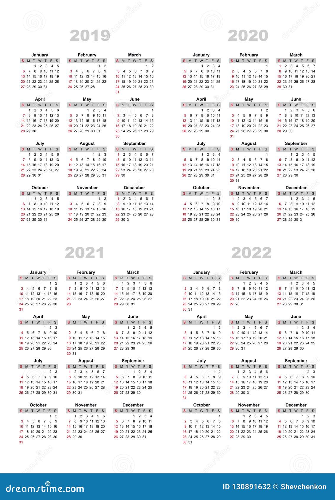 The Calendar 2019,2020,2021,2022 Stock Vector - Illustration of grid ...