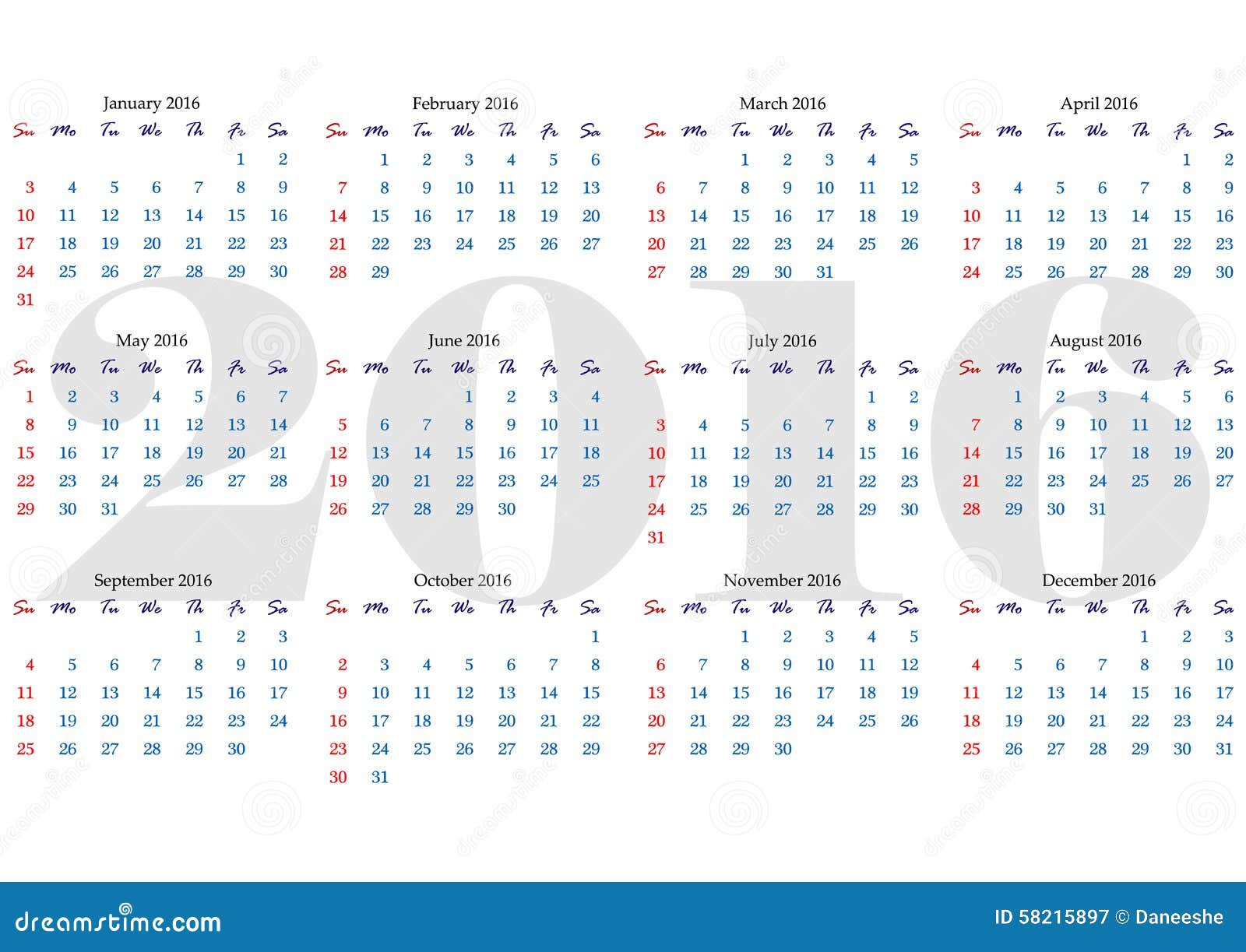 Calendar Grid for 2016 Year with Marked Weekend Days Stock Vector ...