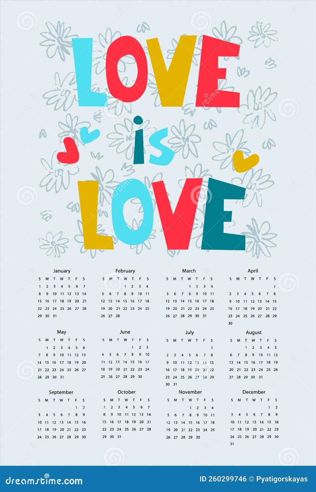 Calendar 2023 with Hand Drawn Love is Love Slogan Stock Vector ...