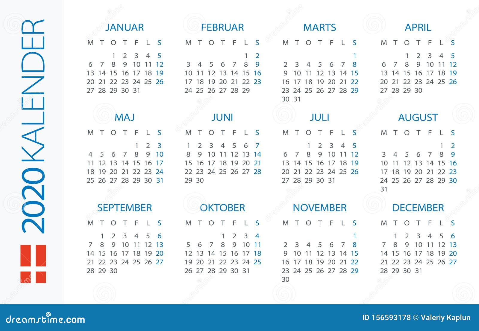 Calendar 2020 Horizontal - Illustration. Danish Version Stock ...
