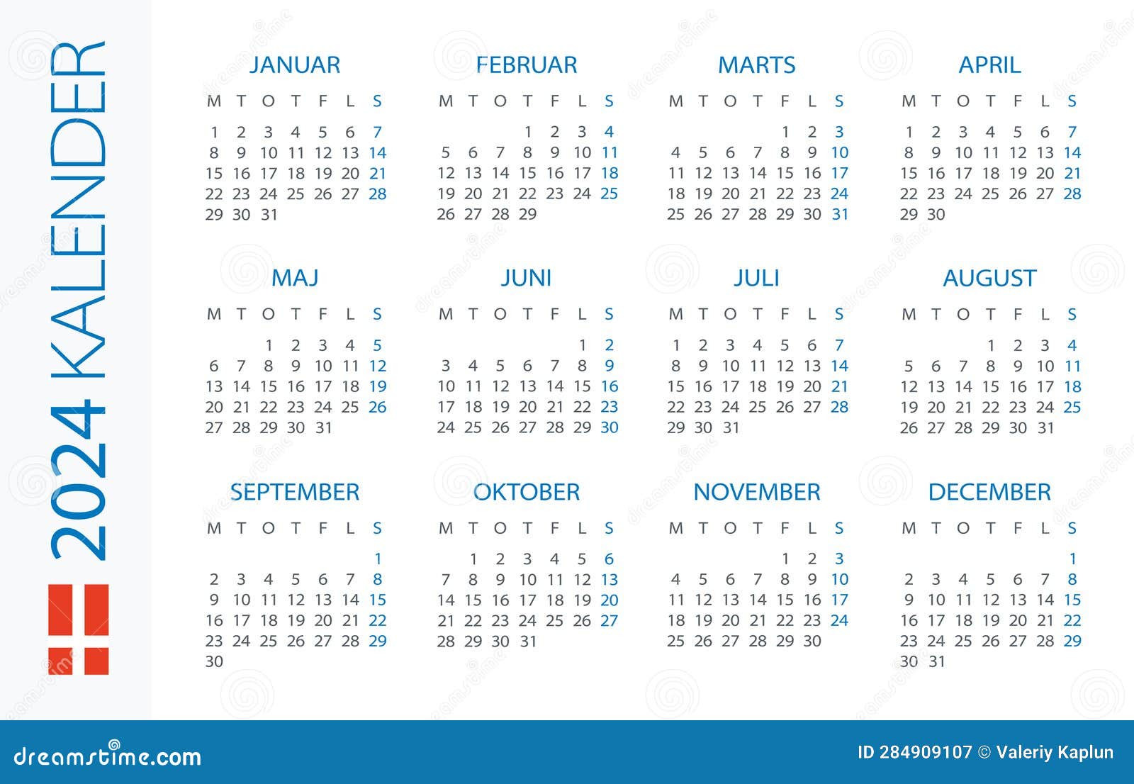Calendar 2024 Horizontal - Illustration. Danish Version Stock Vector ...