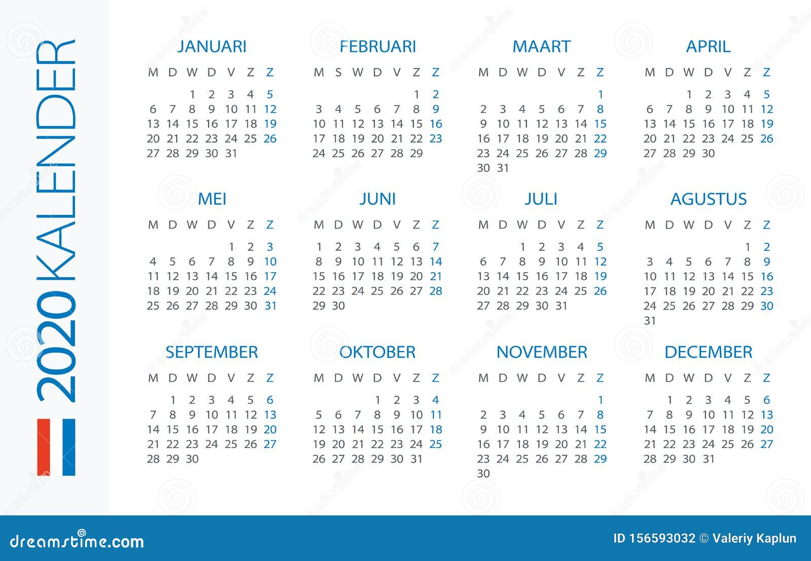 Calendar 2020 Horizontal - Illustration. Dutch Version Stock ...