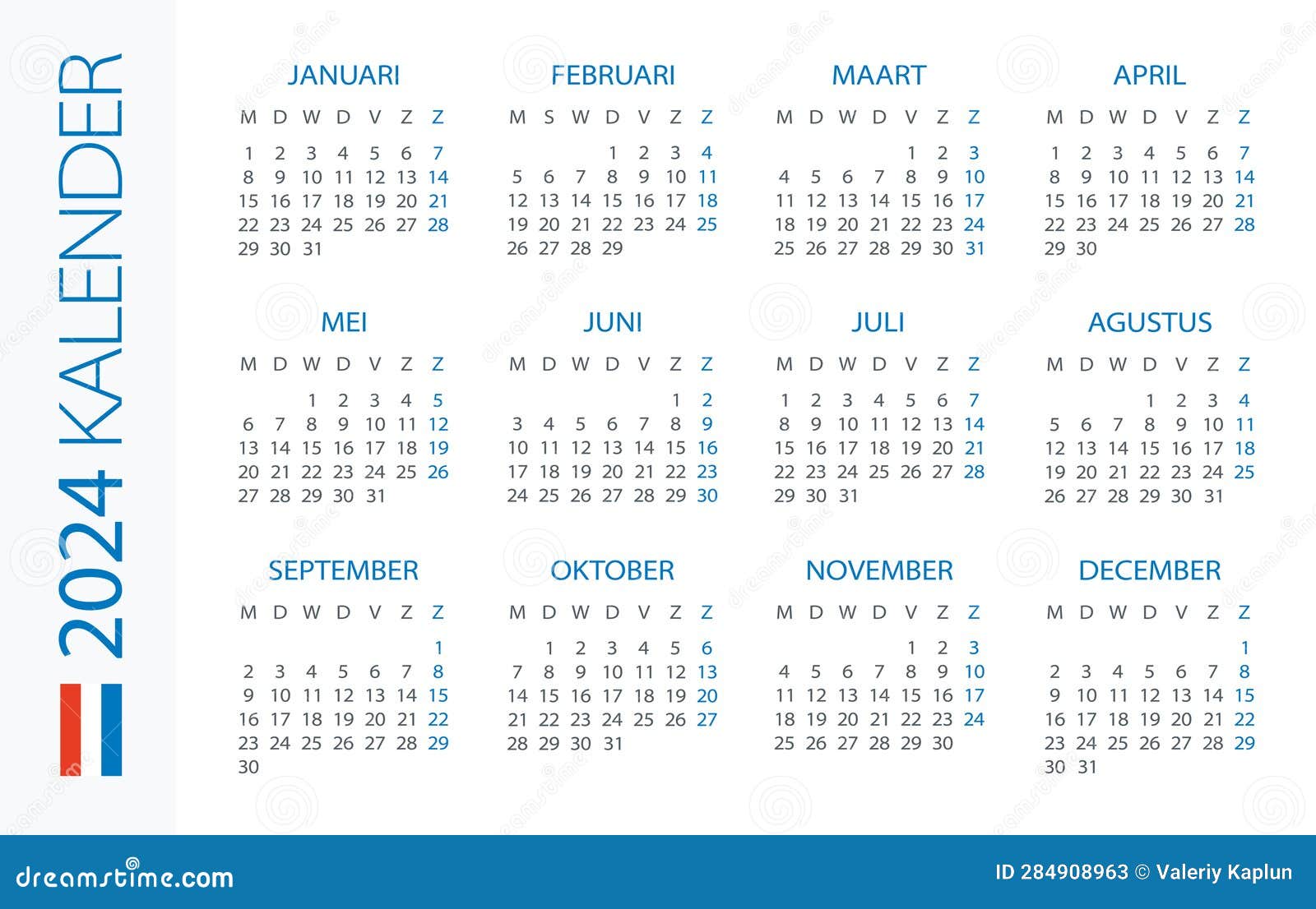 2024 Dutch Calendar. Printable Vector Illustration For Dutch. 12 Months ...
