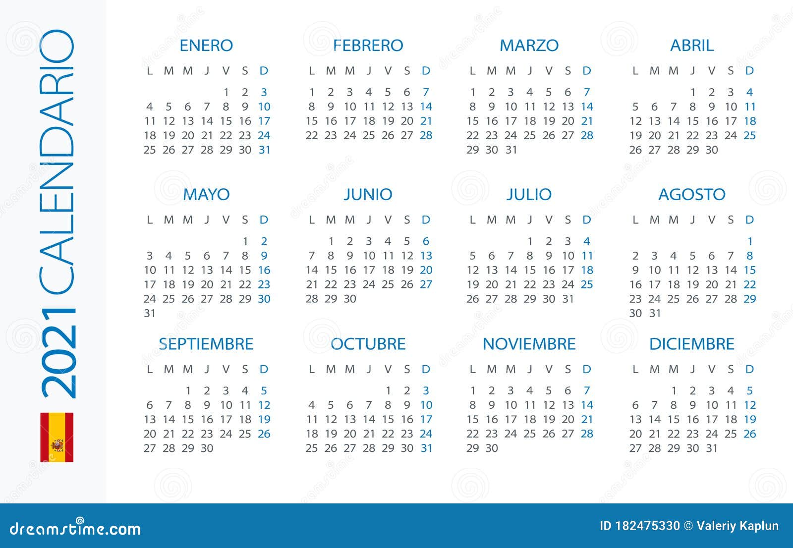 Calendar 2021 Horizontal - Illustration. Spanish Version Stock ...
