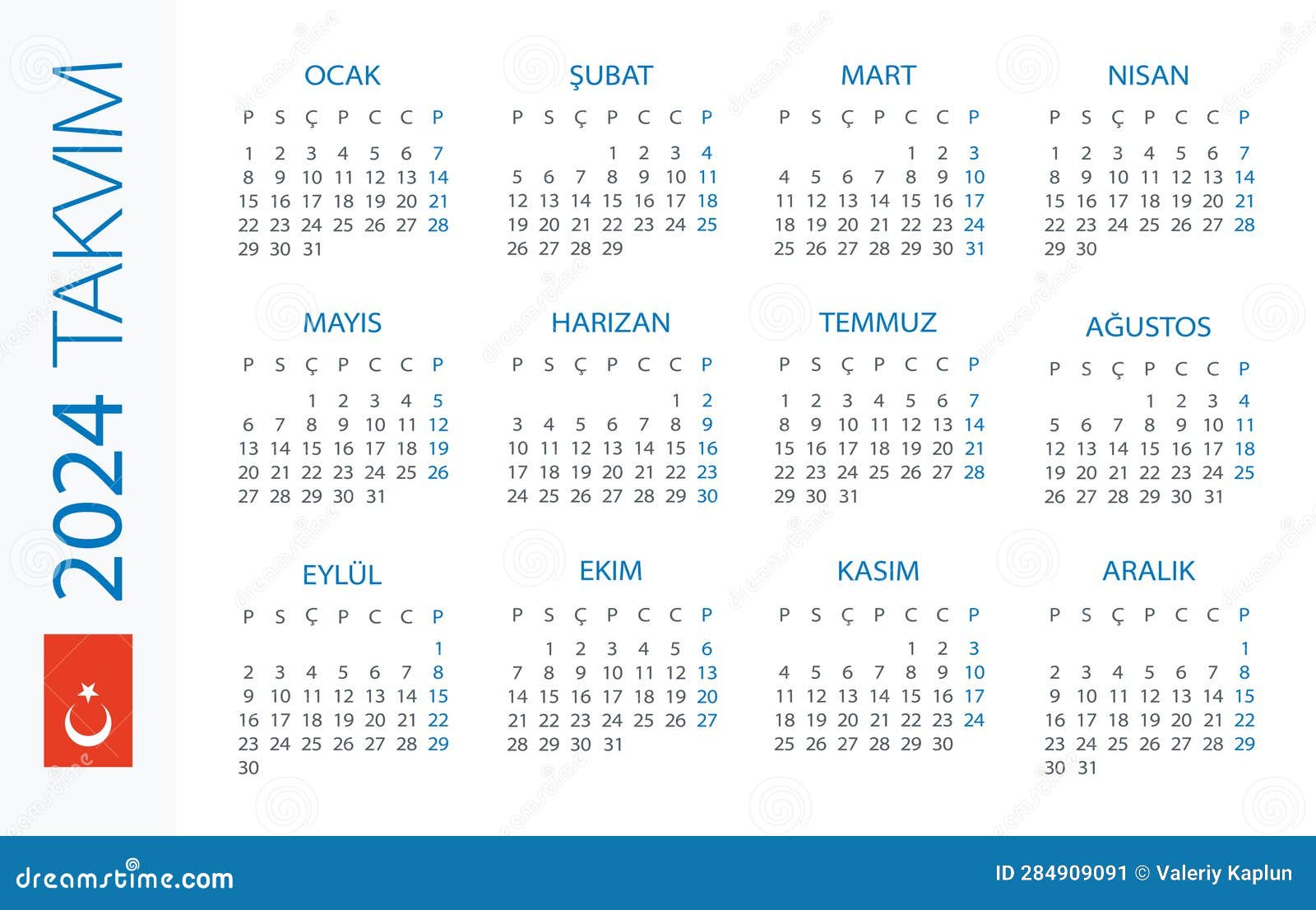 2024 Turkish Calendar. Printable, Editable Vector Illustration For ...