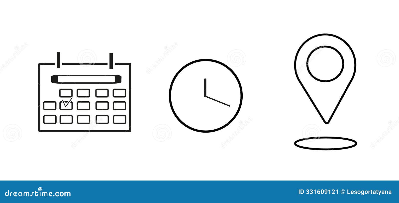 Calendar Icon, Clock Icon, Location Icon Indicating the Date, Time and ...
