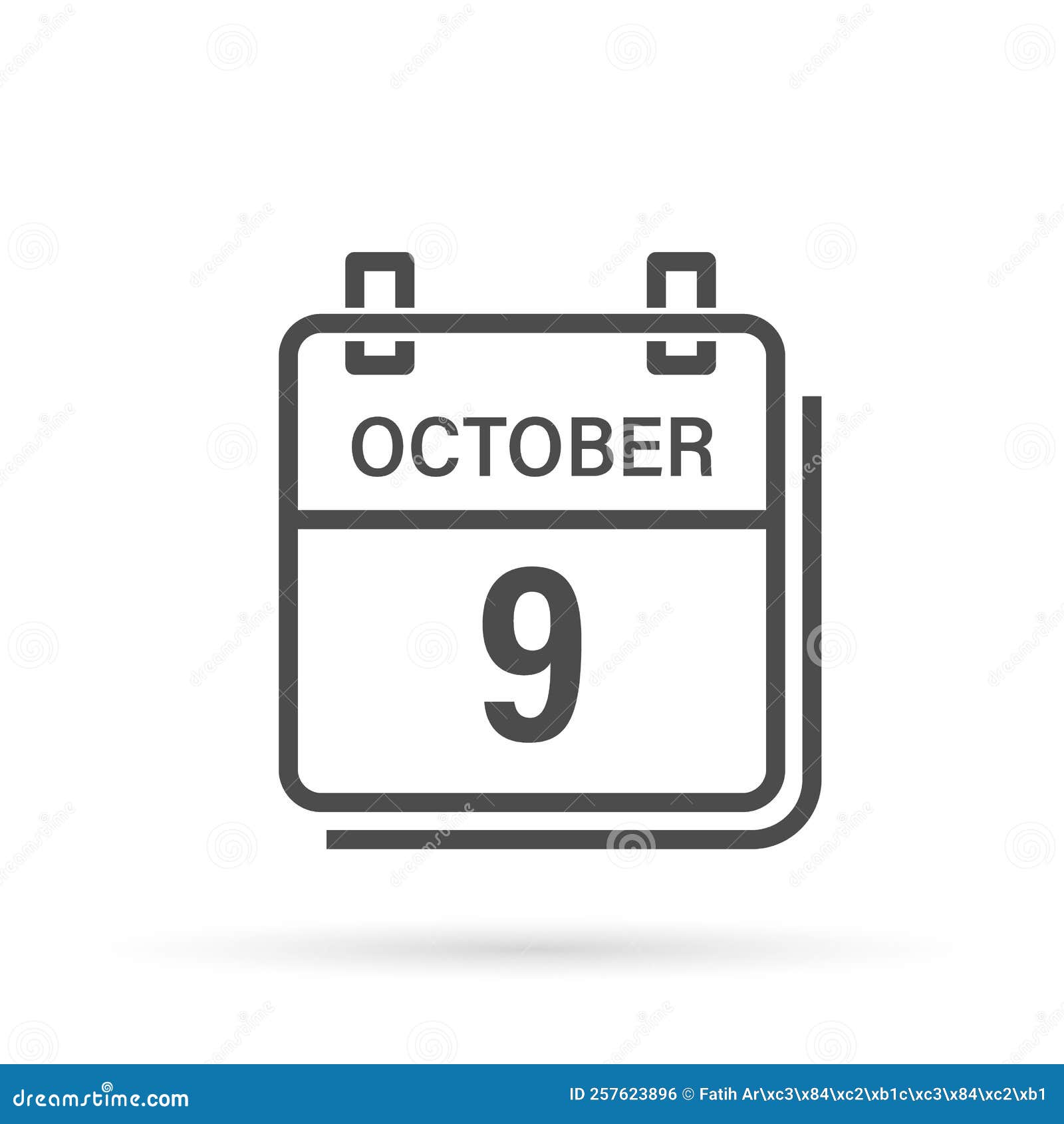 Calendar Icon with Shadow. October 9, Day, Month. Flat Vector ...