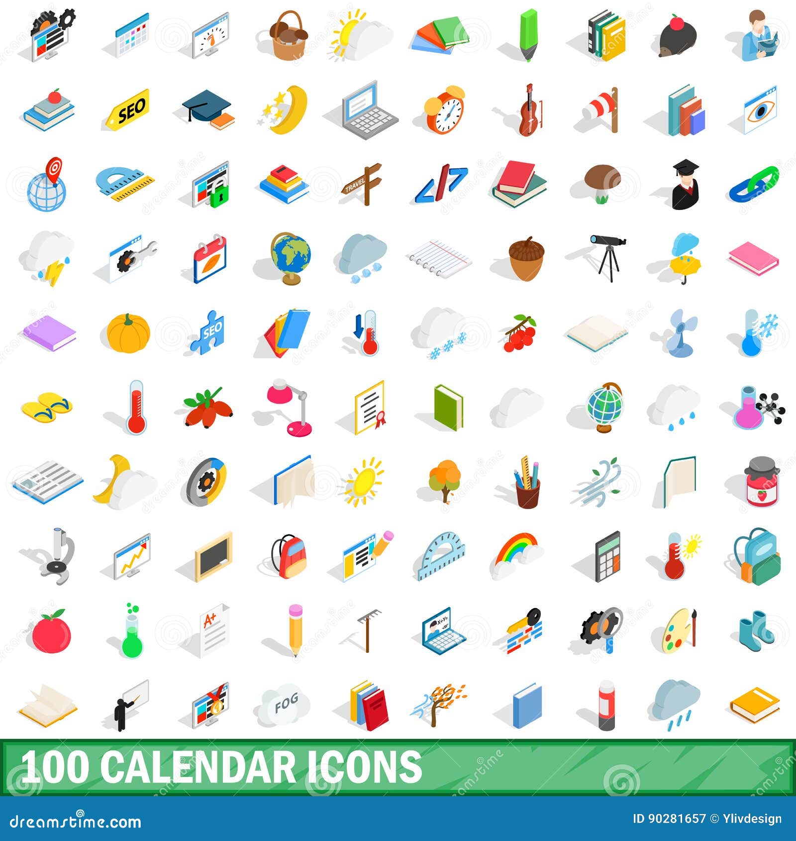 100 Calendar Icons Set, Isometric 3d Style Stock Vector - Illustration ...