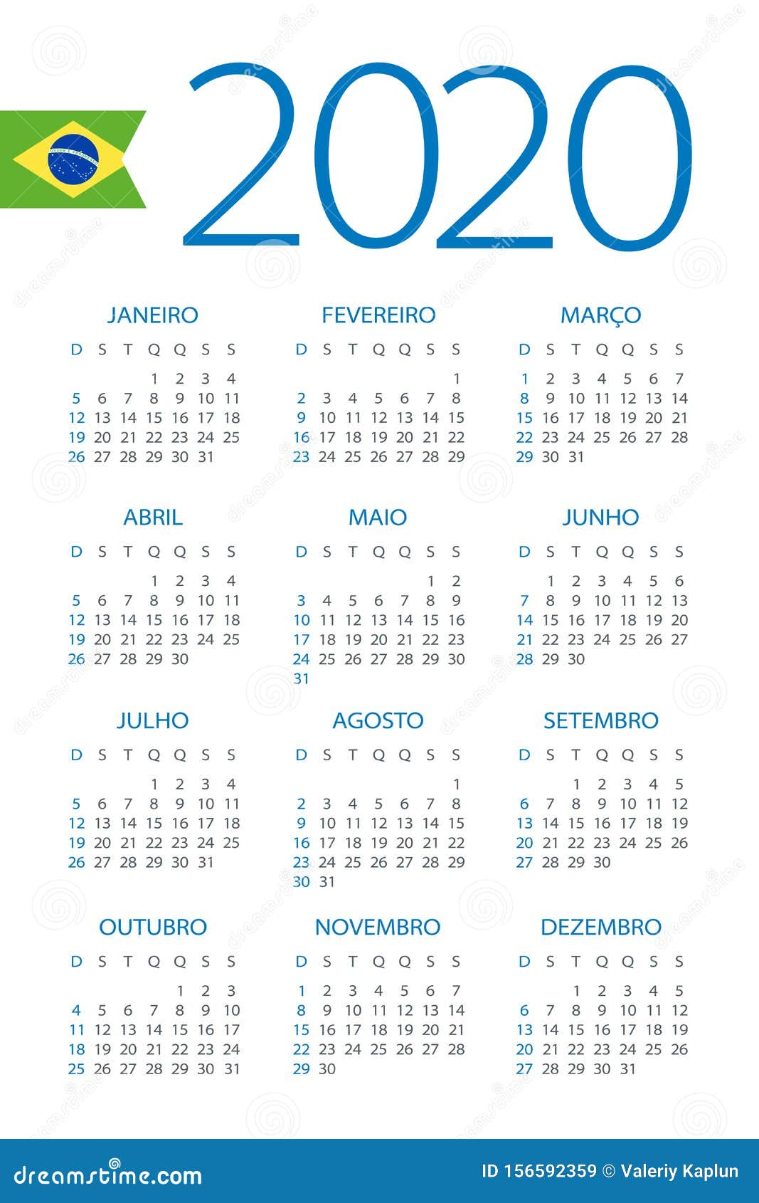 Calendar 2020 - Illustration. Brazilian Version Stock Illustration ...
