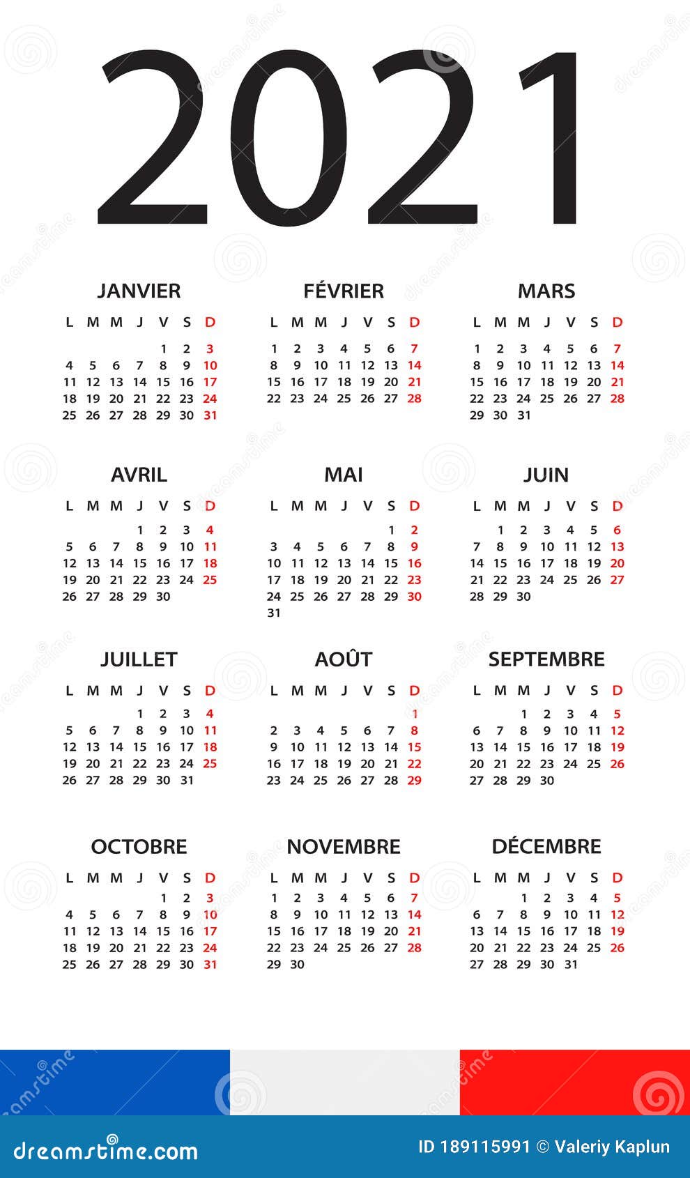 Calendar 2020 - Illustration. French Version.Week Starts on Monday ...
