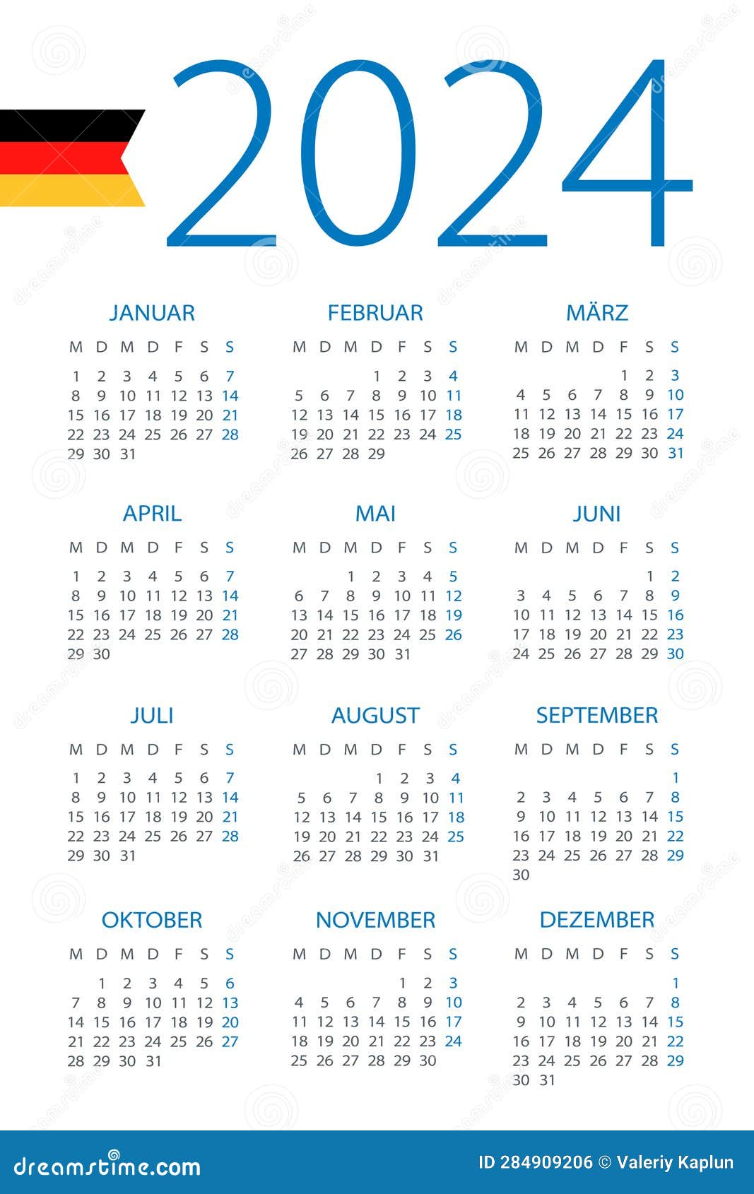 Calendar 2024 - Illustration. German Version. Week Starts on Monday ...