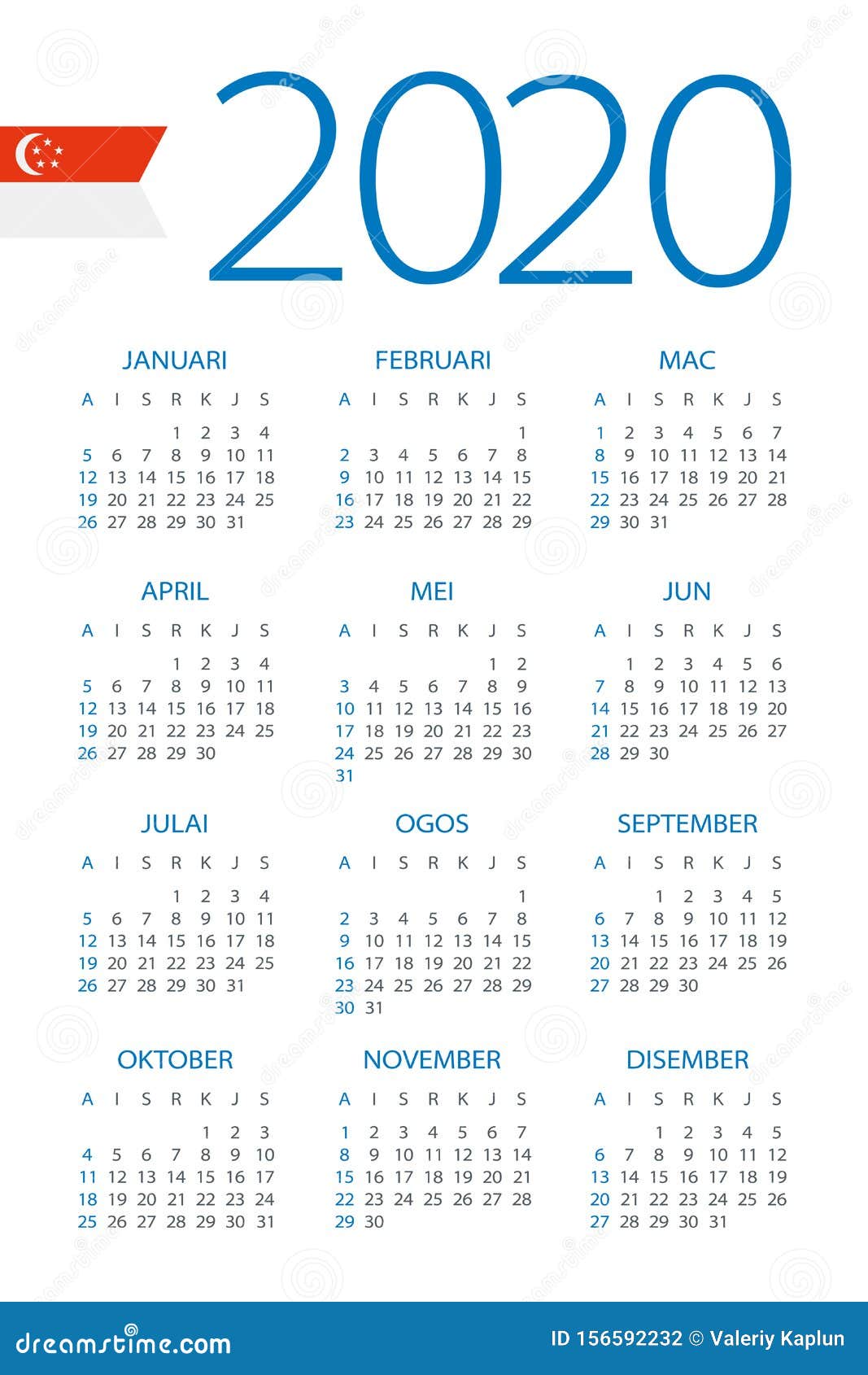 Calendar 2020 - Illustration. Singaporean Version Stock Illustration ...