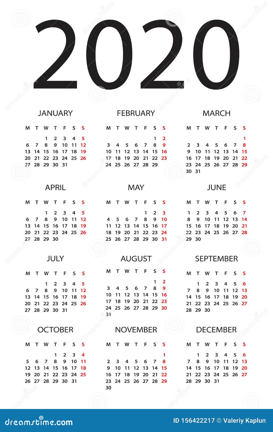 Calendar 2020 - Illustration. Week Starts on Monday Stock Illustration ...