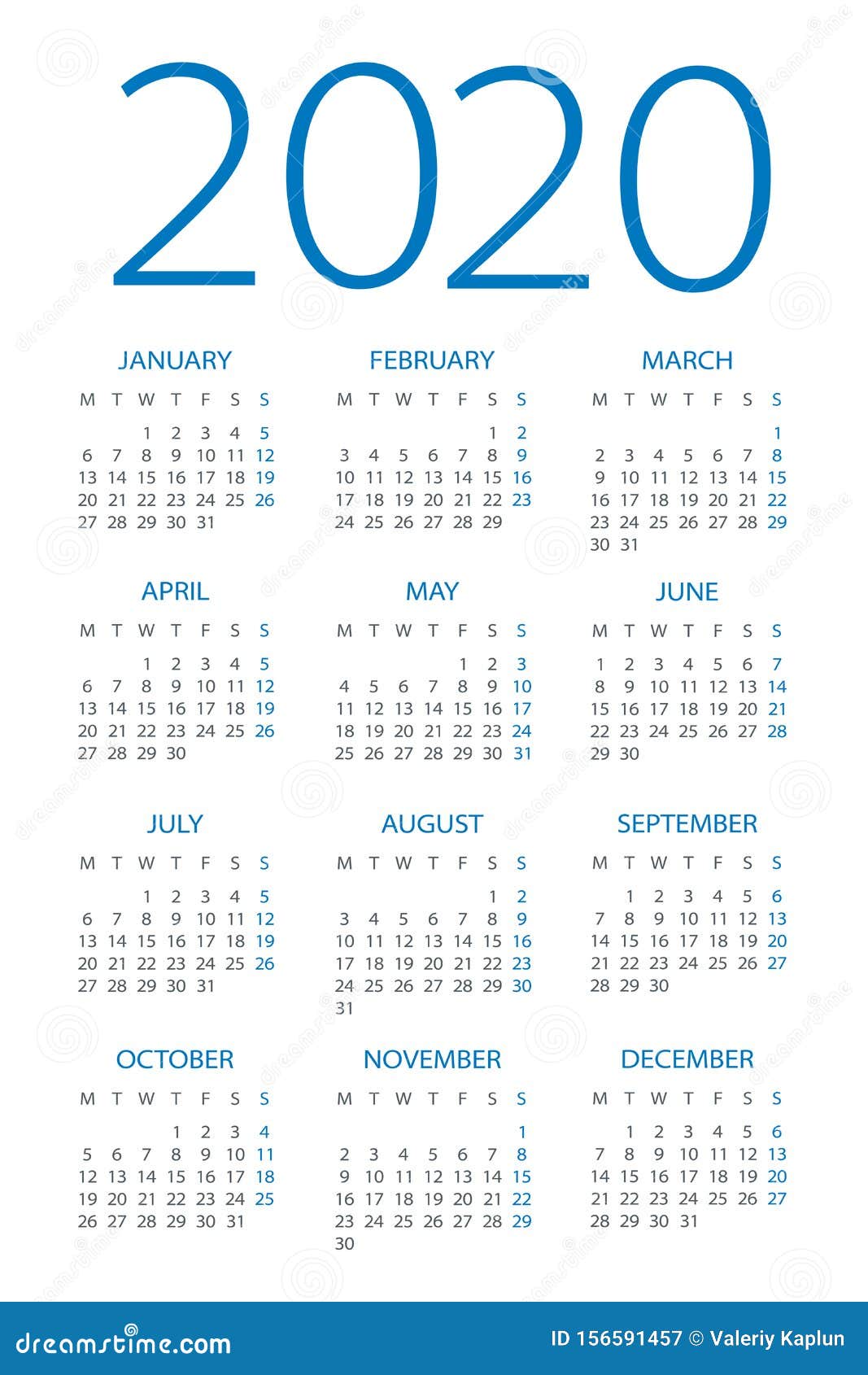 Calendar 2020 - Illustration. Week Starts on Monday Stock Illustration ...