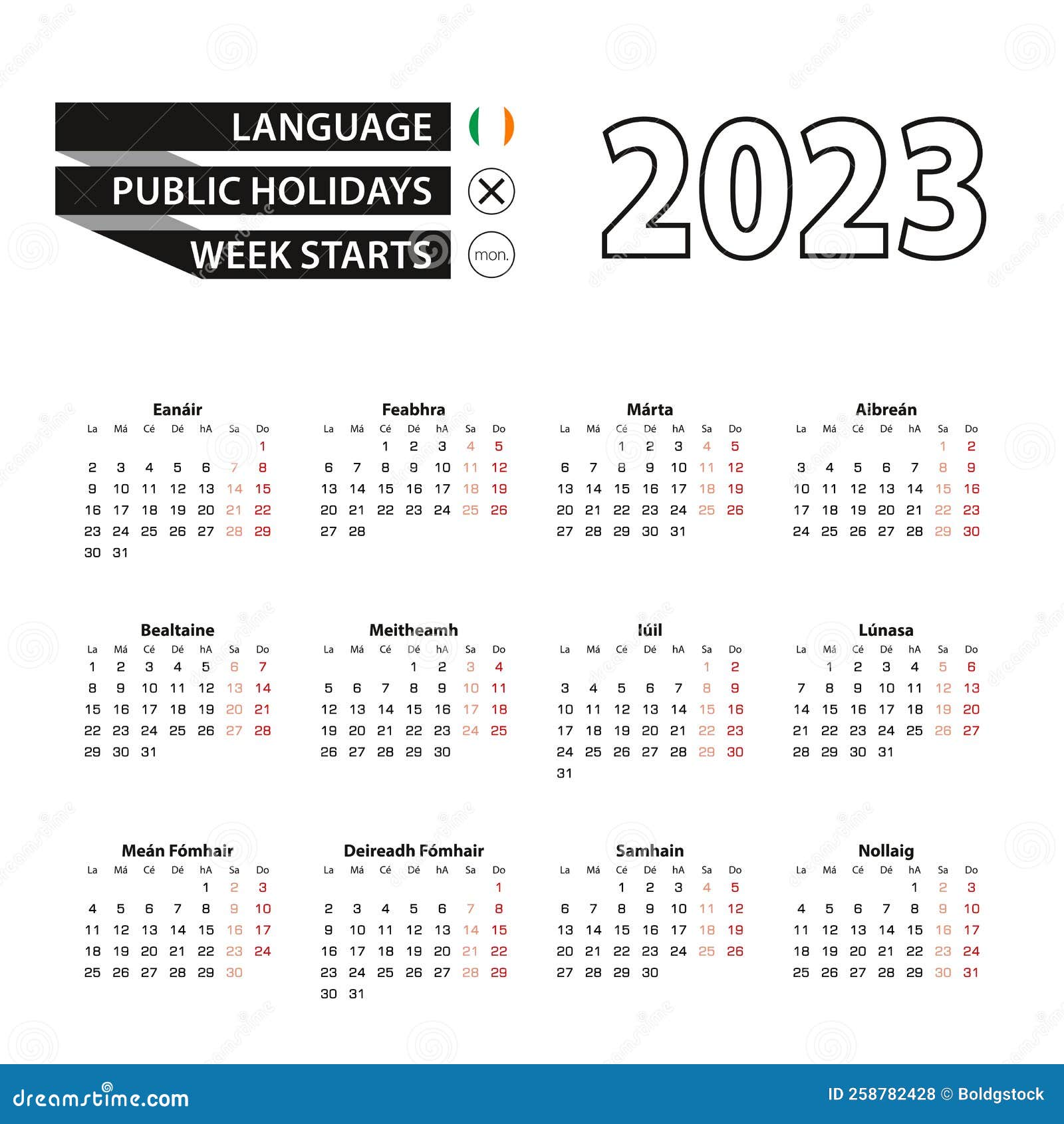 Calendar 2023 in Irish Language, Week Starts on Monday Stock Vector ...