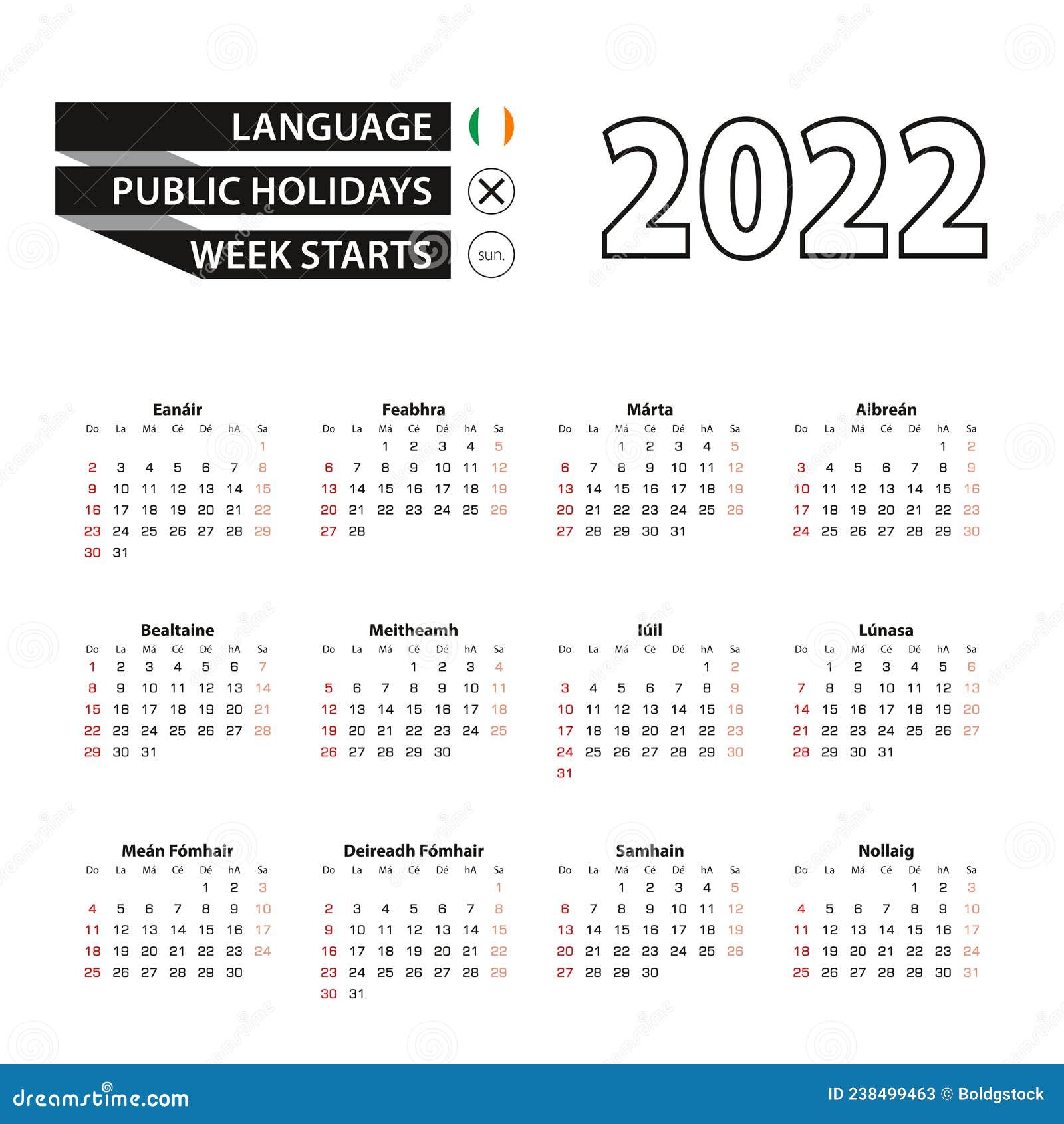 2022 Calendar in Irish Language, Week Starts from Sunday Stock Vector ...