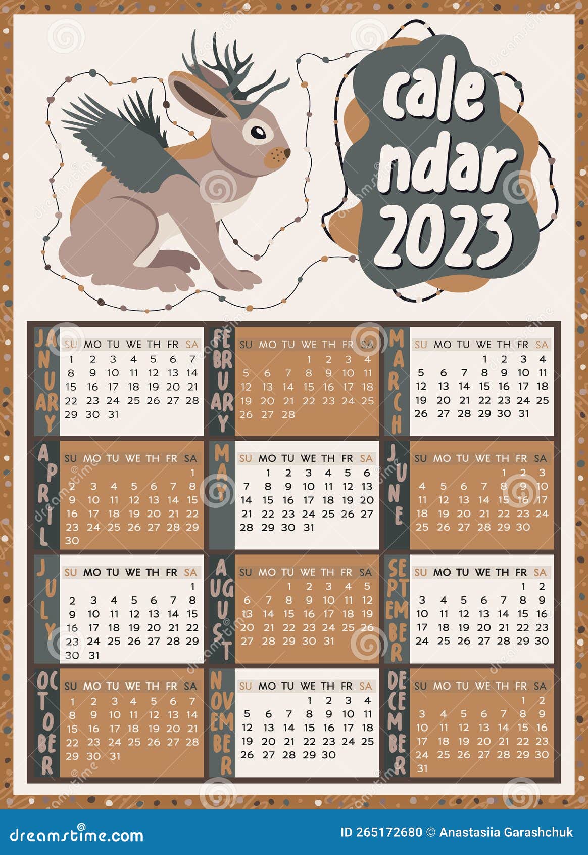 Calendar 2023 with Jackalope. Year of Rabbit. Week Begins on Sunday ...