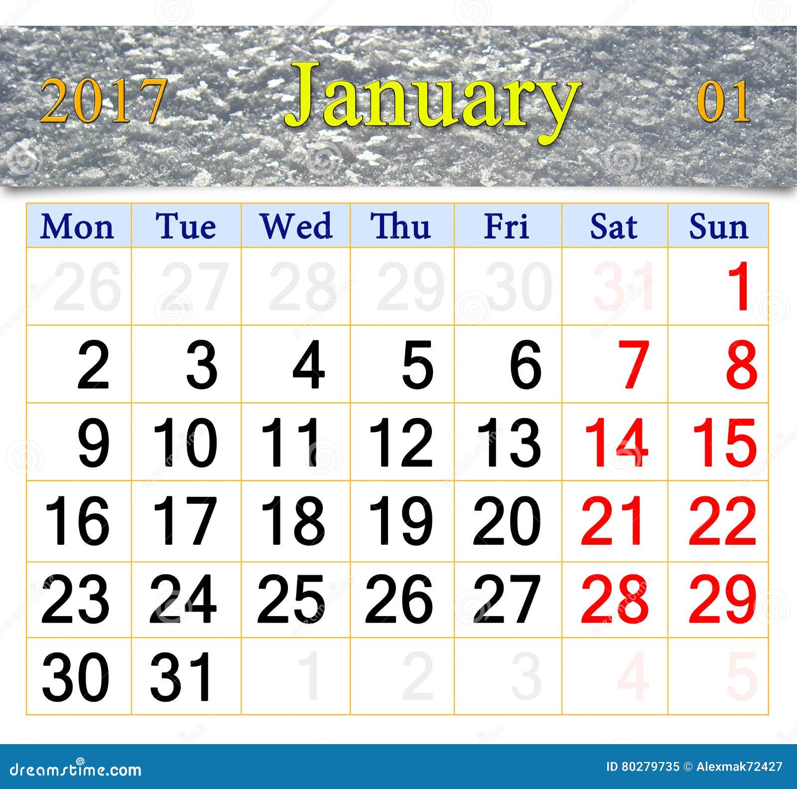 Calendar for January 2017 with Image of Snow Stock Image - Image of ...