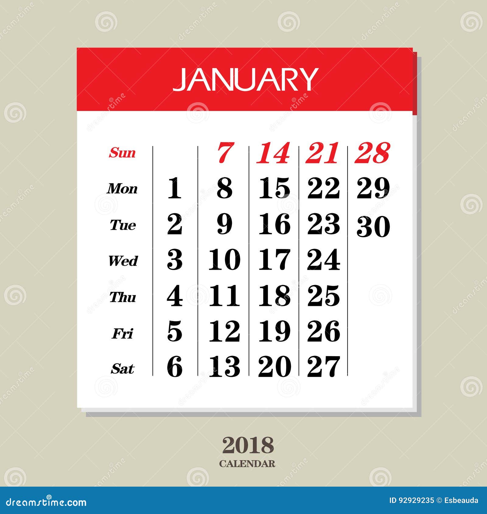 Calendar for January 2018 stock vector. Illustration of abstract - 92929235